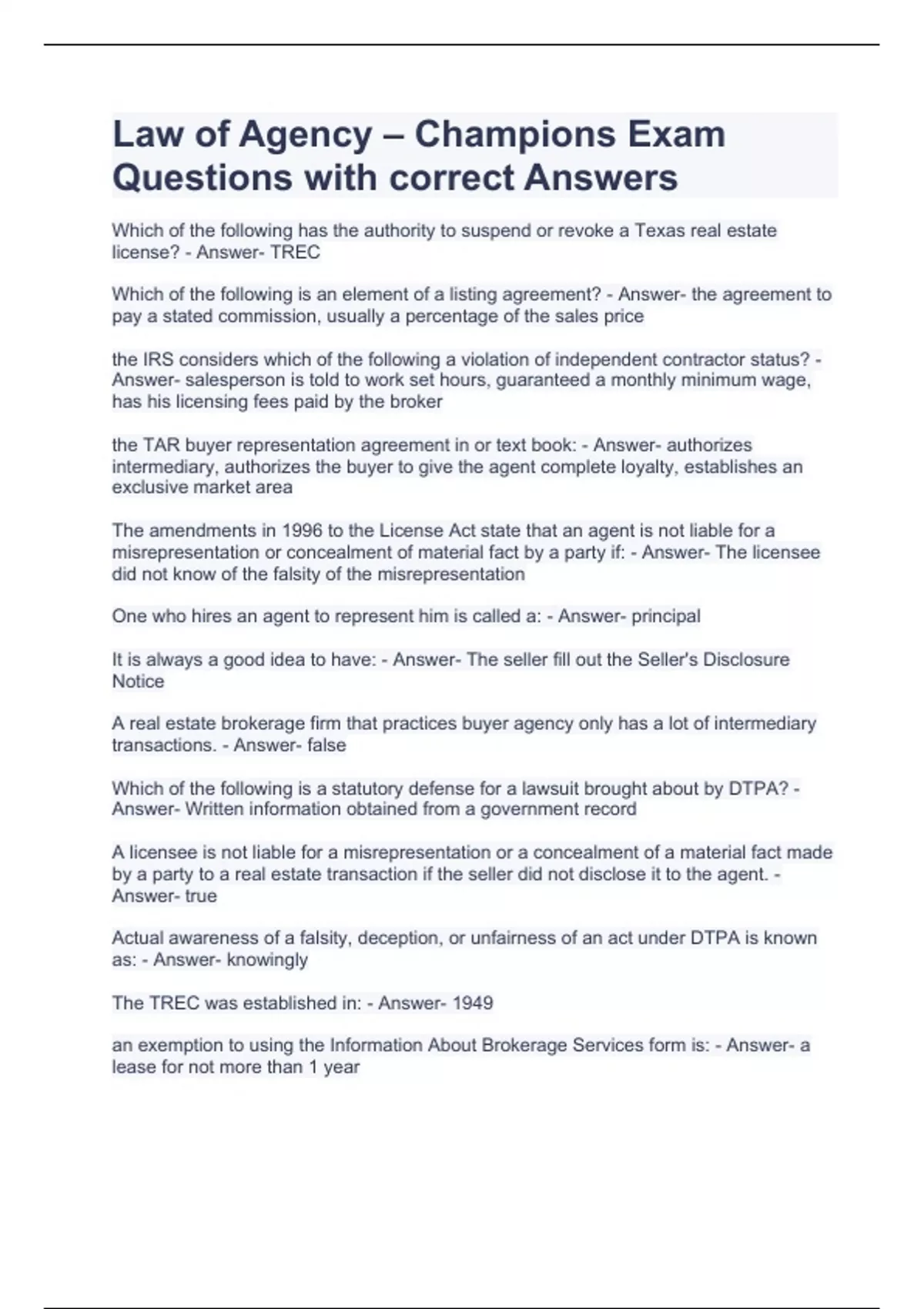 Law of Agency – Champions Exam Questions with correct Answers - Law of ...