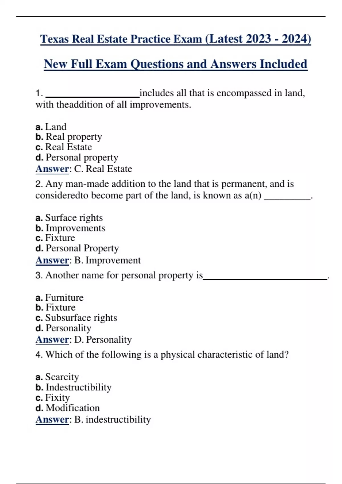 Texas Real Estate Practice Exam (Latest ) New Full Exam Questions and ...