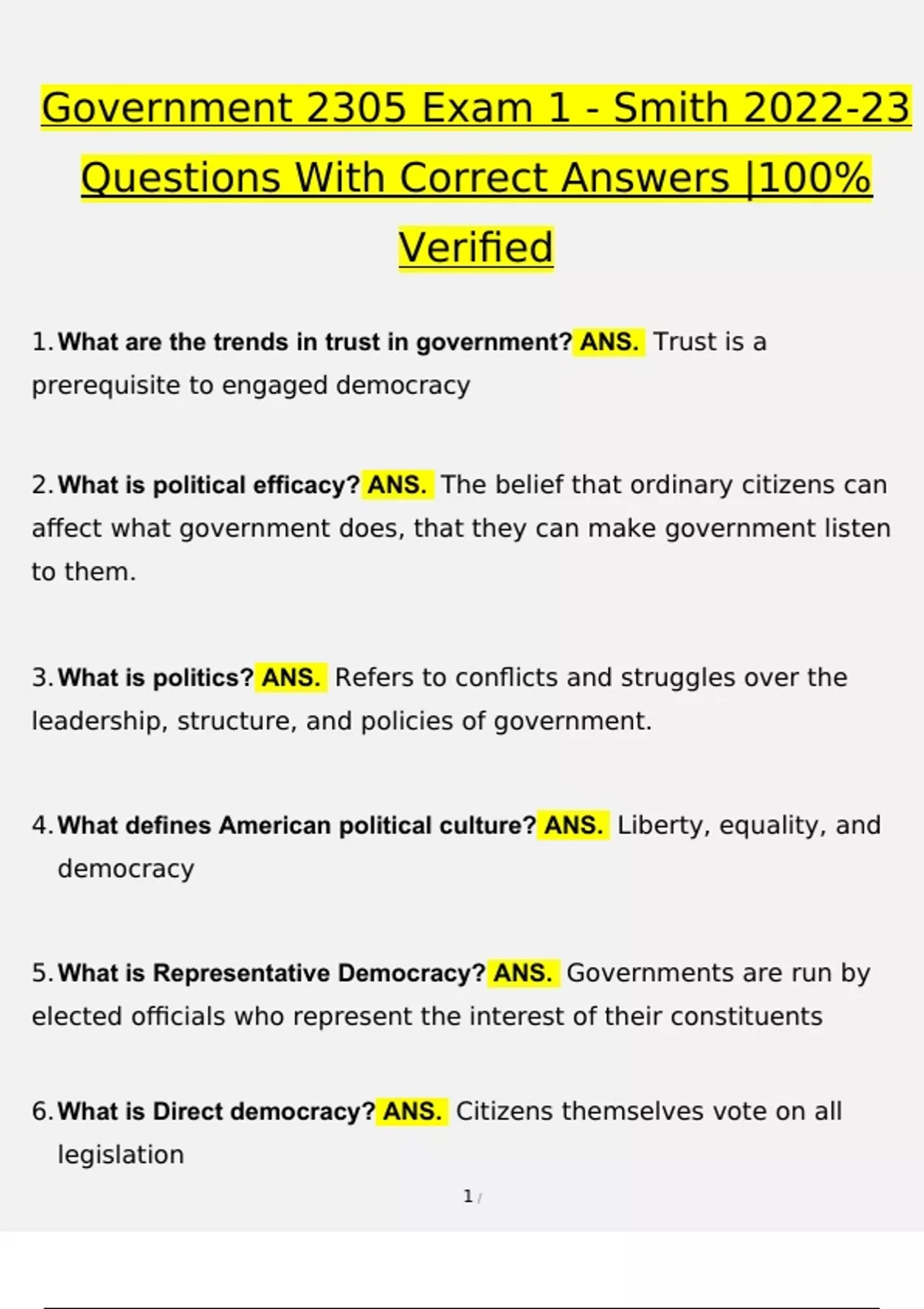 Government 2305 Exam 1 - Smith 2022-23 Questions With Correct Answers ...
