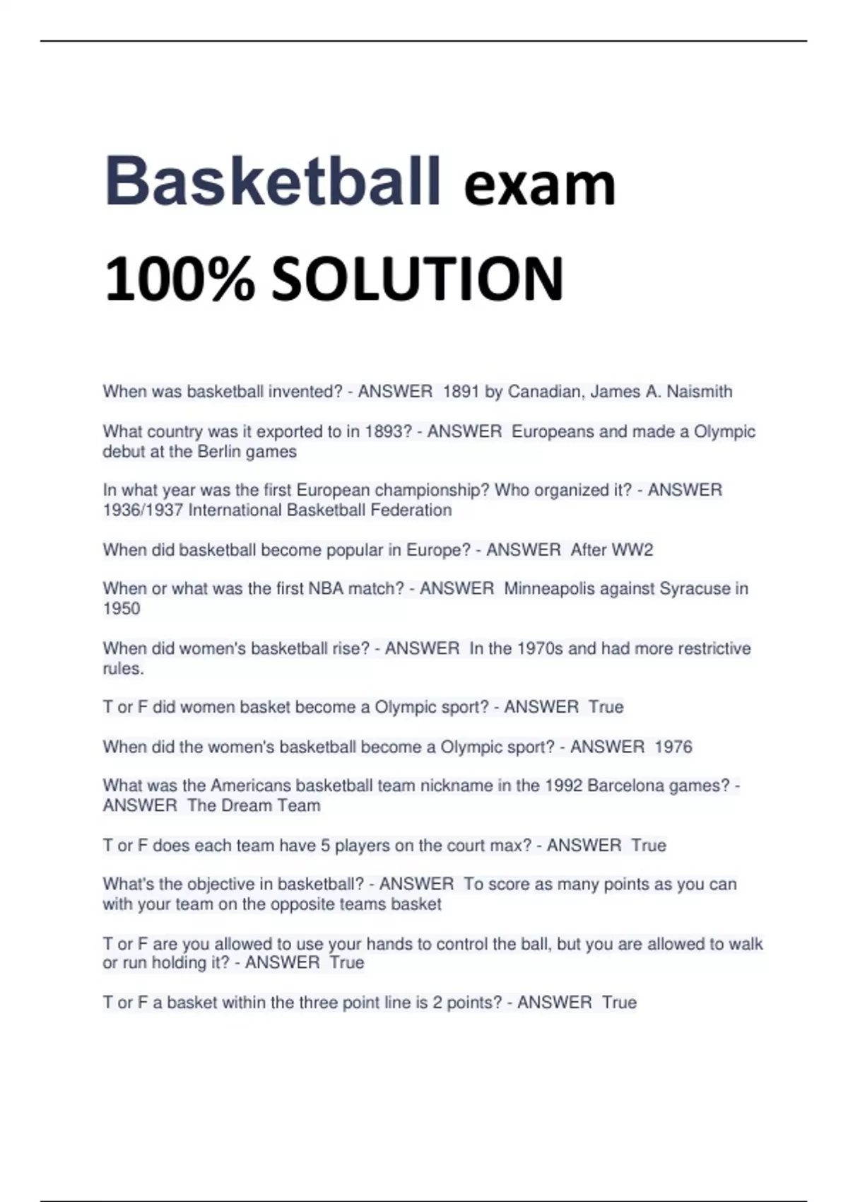Basketball exam 100% SOLUTION - NFHS Baseball - Stuvia US