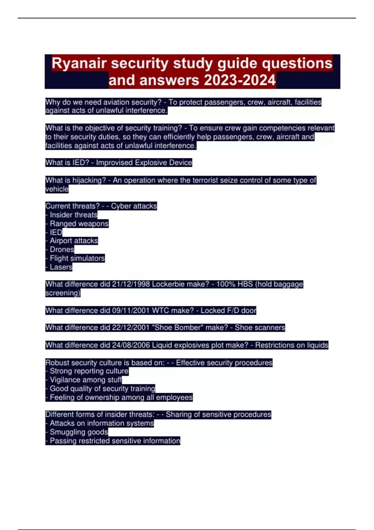 Ryanair security study guide questions and answers - Ryanair security - Stuvia US