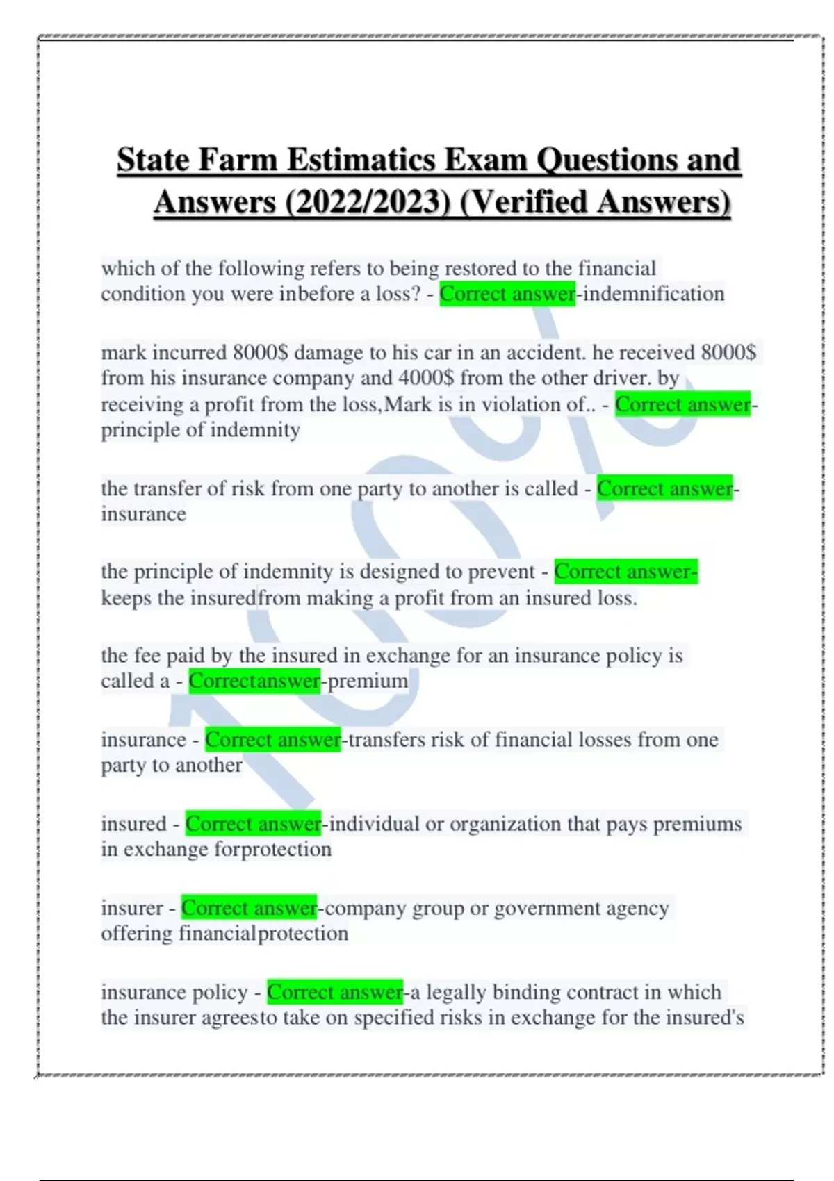 State Farm Estimatics Exam Questions and Answers (2022/2023) (Verified ...