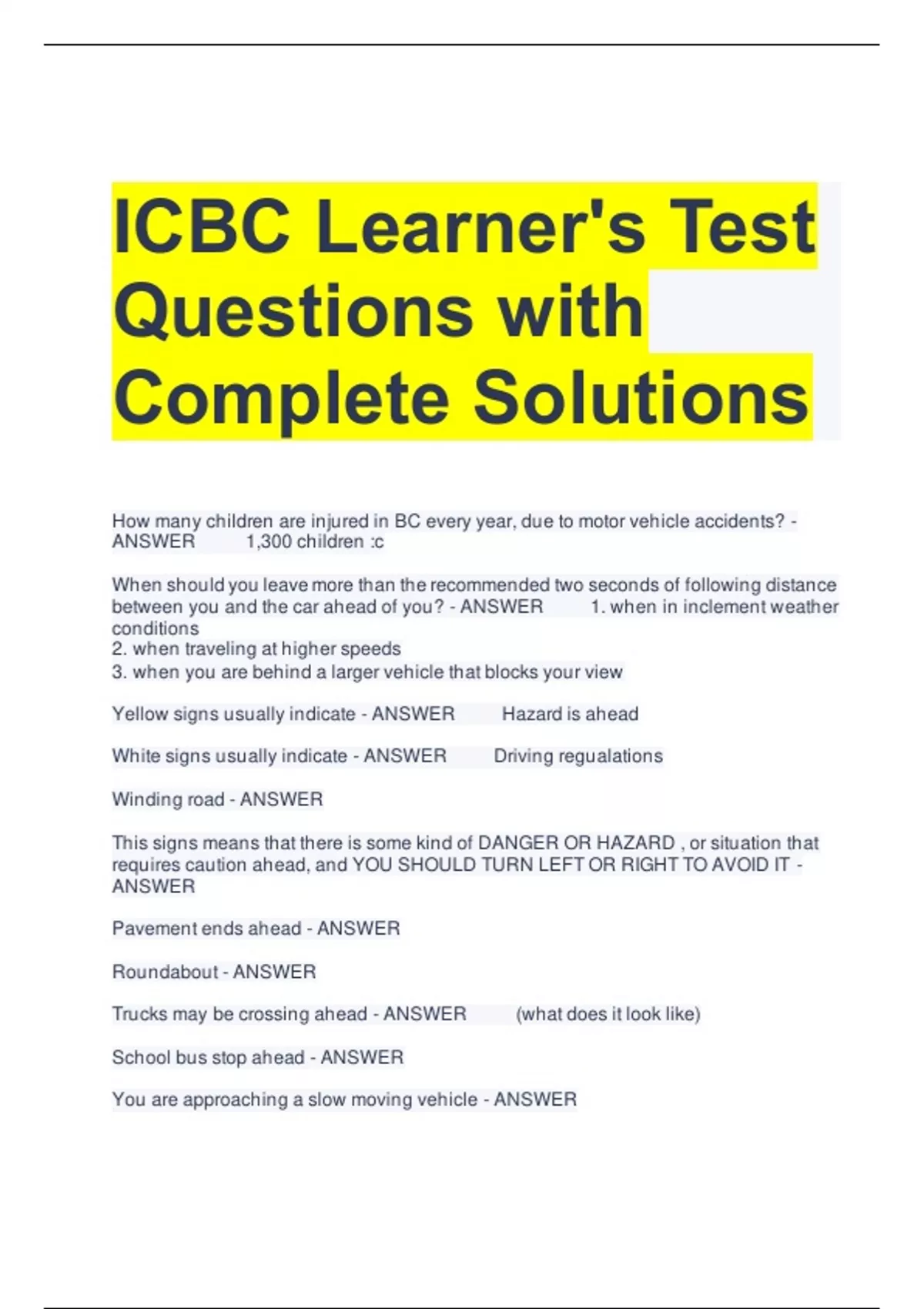 ICBC Learner's Test Questions with Complete Solutions - ICBC - Stuvia US