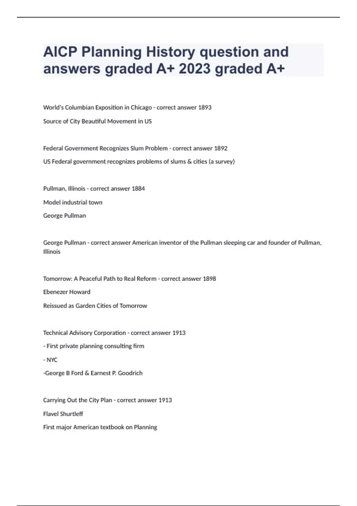 AICP Planning History question and answers graded A+ 2023 graded A+ ...