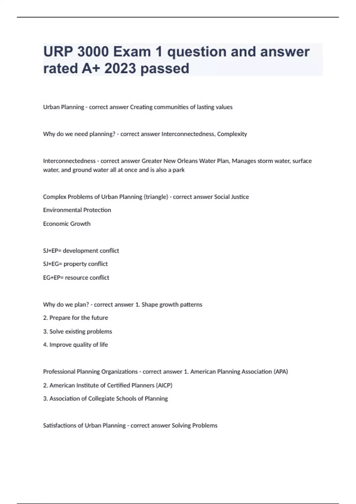 URP 3000 Exam 1 question and answer rated A+ 2023 passed - Aicp - Stuvia US
