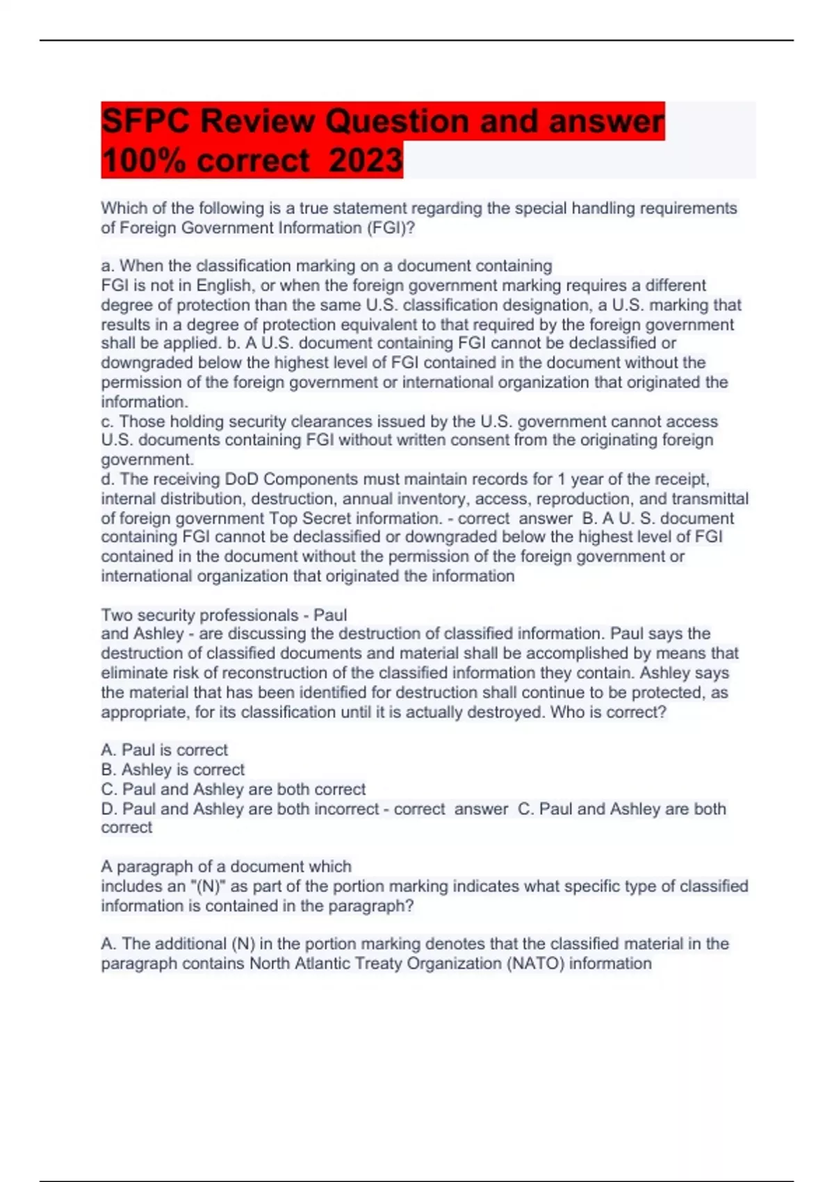 SFPC Review Question and answer 100% correct 2023 - SFPC - Stuvia US