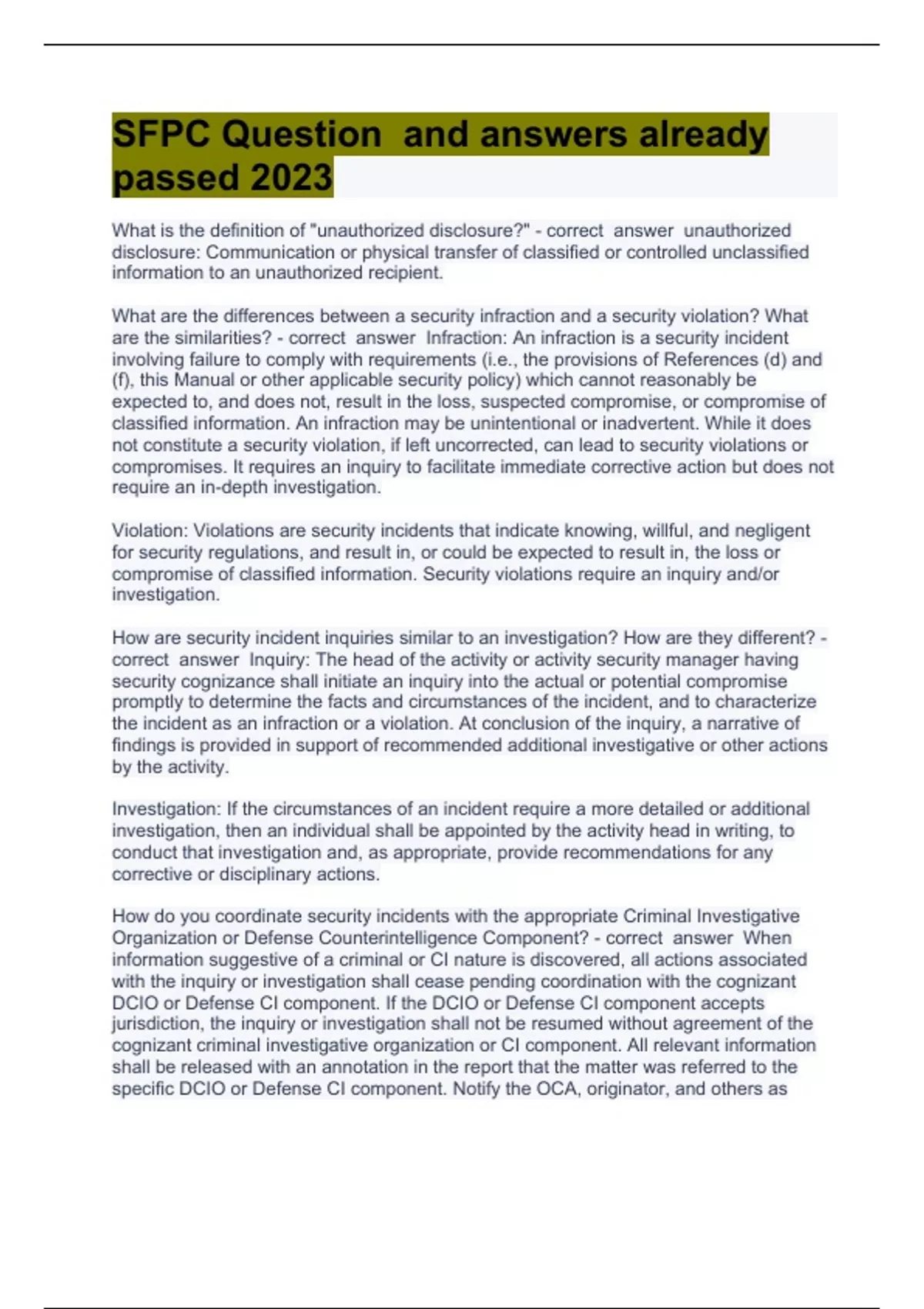 SFPC Question and answers already passed 2023 - SFPC - Stuvia US