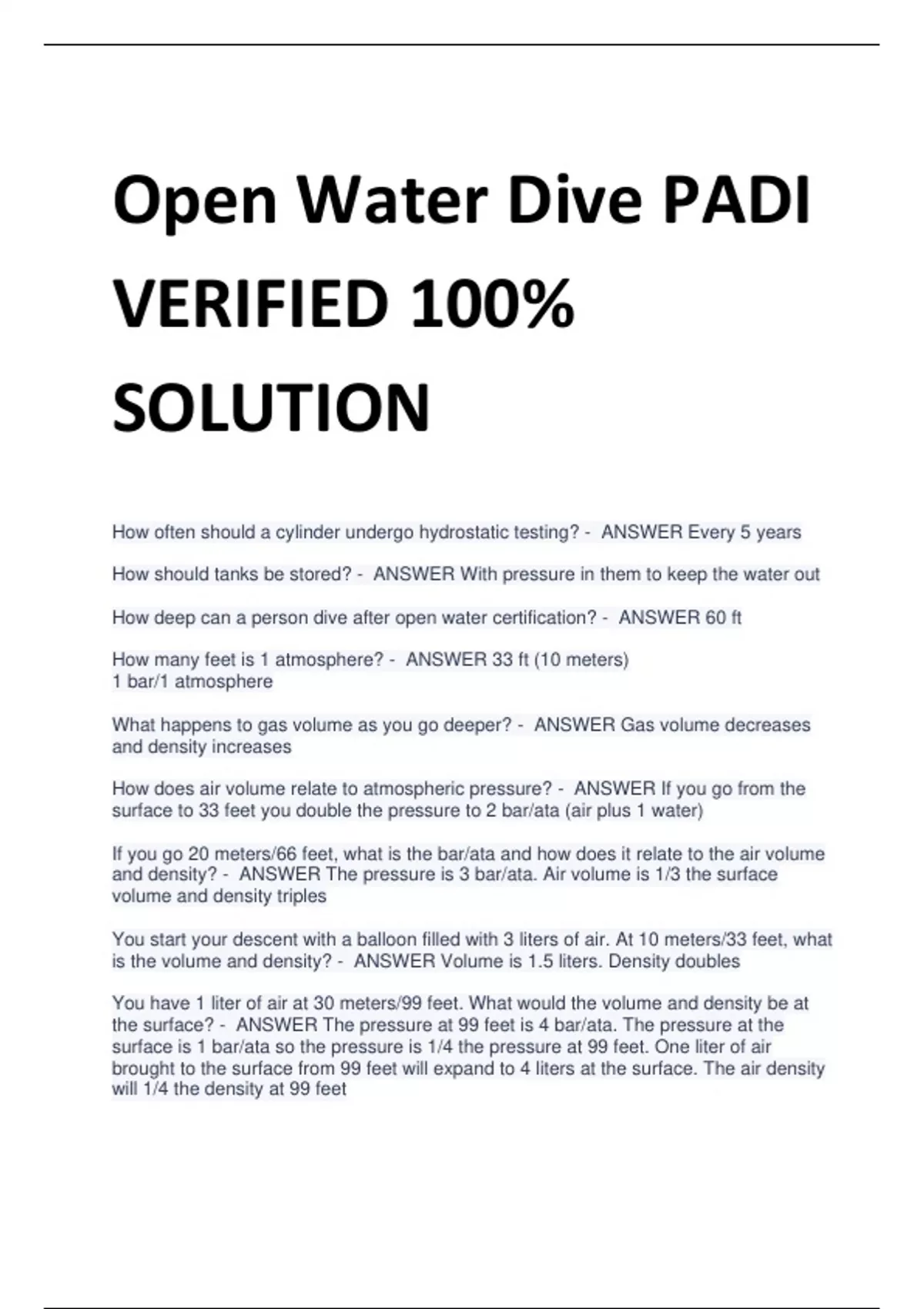 Open Water Dive PADI VERIFIED 100% SOLUTION - Open water diver - Stuvia US