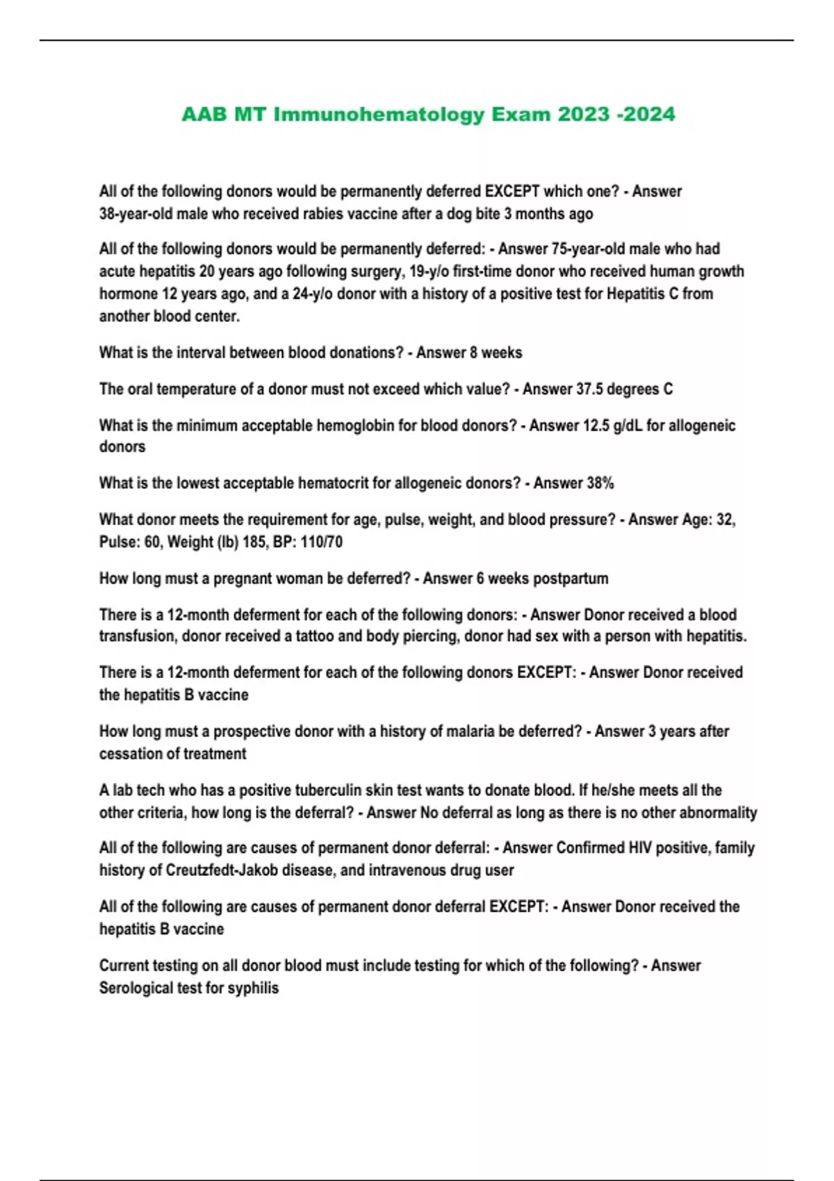 AAB MT Immunohematology Exam - AAB MT Immunohematology - Stuvia US