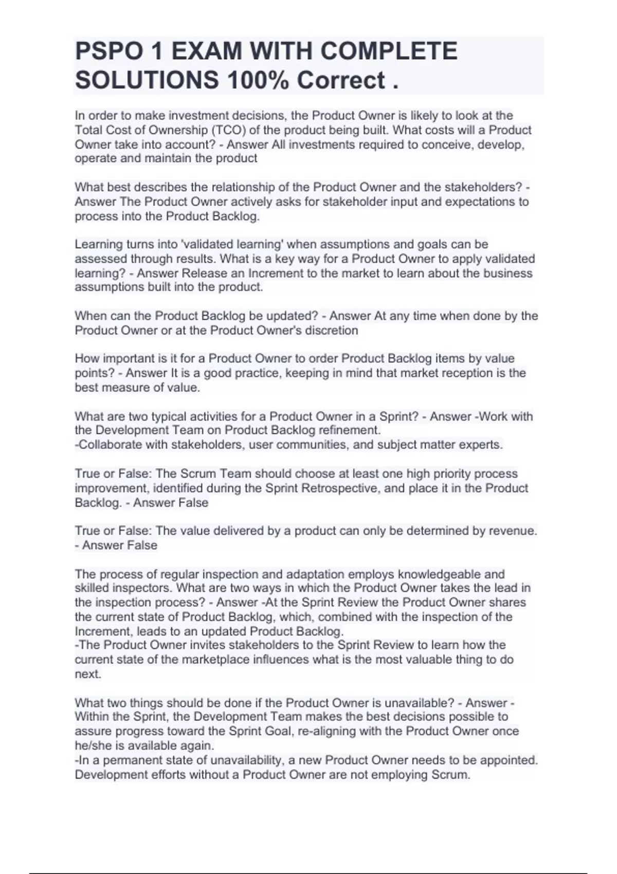 PSPO 1 EXAM WITH COMPLETE SOLUTIONS 100% Correct. - PSPO 1 - Stuvia US