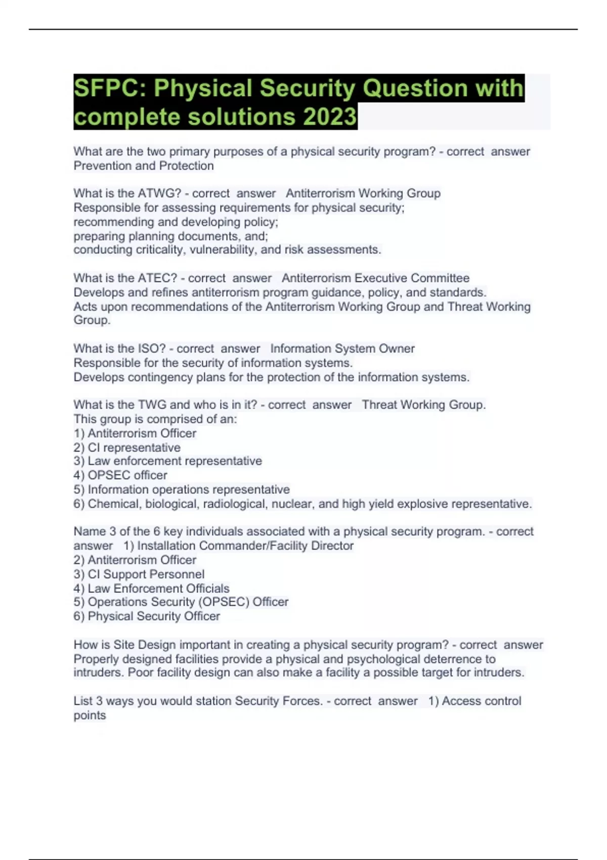 SFPC: Physical Security Question with complete solutions 2023 - SFPC ...