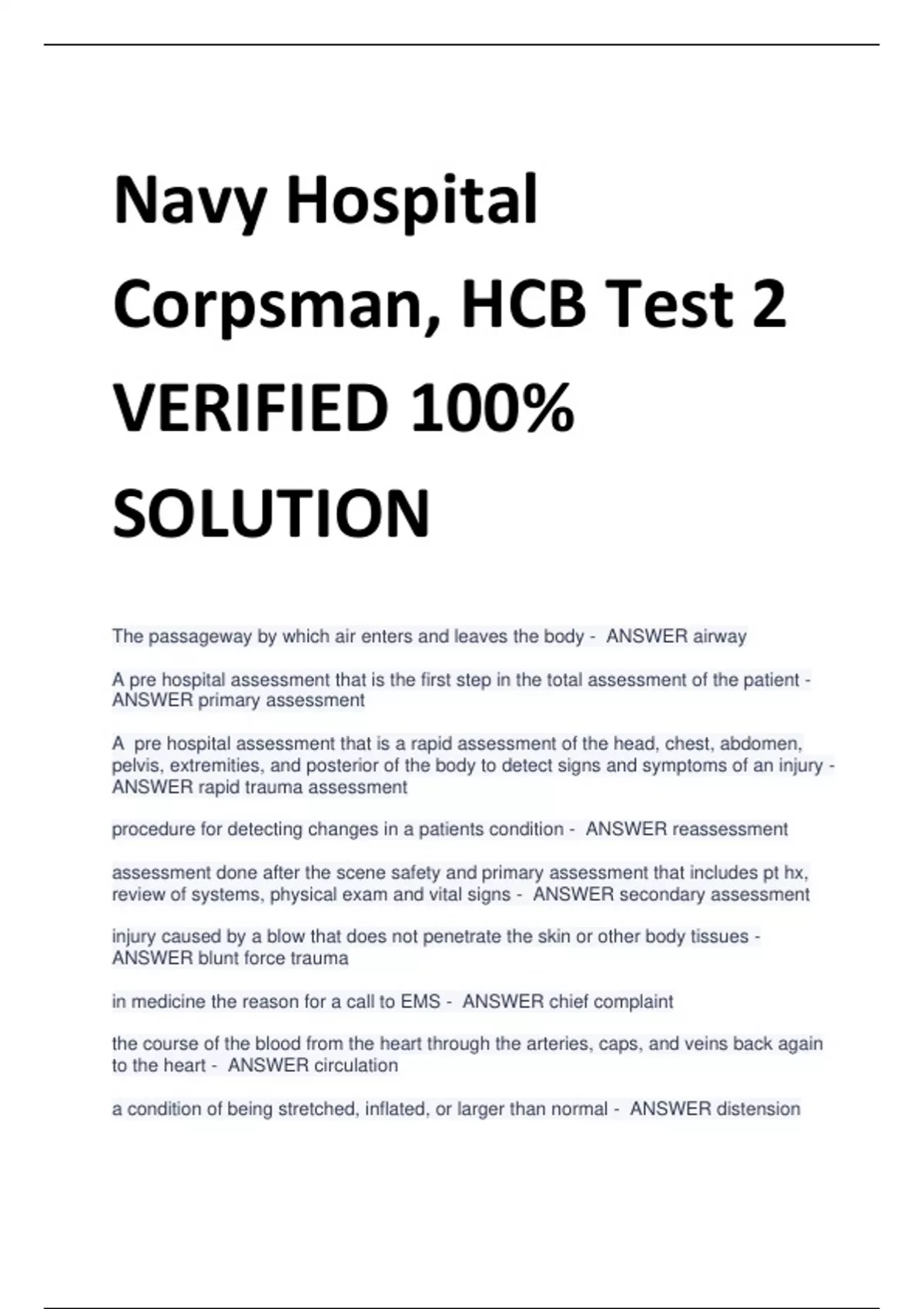 Navy Hospital Corpsman, HCB Test 2 VERIFIED 100% SOLUTION - Hcb - Stuvia US