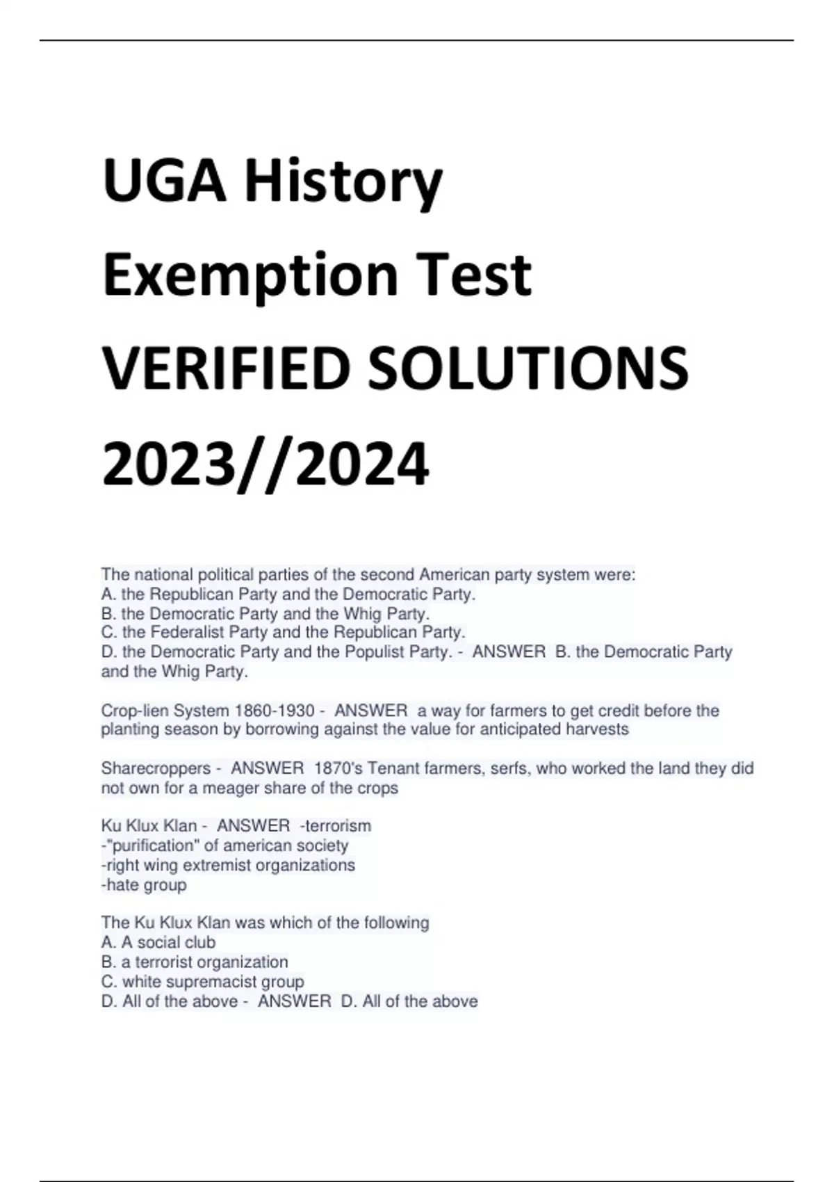 UGA History Exemption Test VERIFIED SOLUTIONS 2023//2024 - UGA History ...