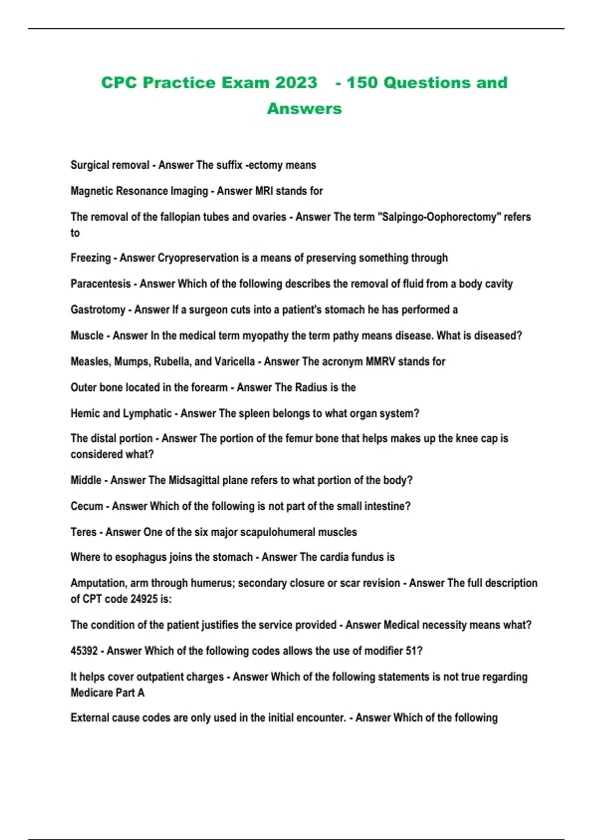 CPC Practice Exam 2023 - 150 Questions and Answers - CPC - Stuvia US