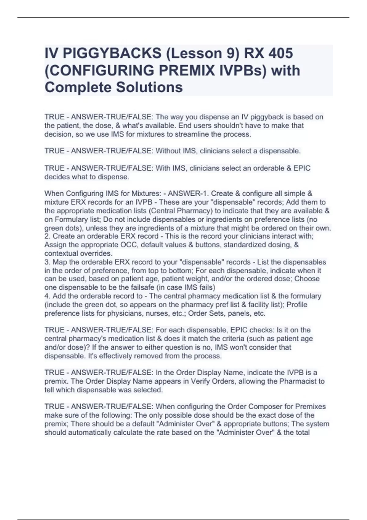 IV PIGGYBACKS (Lesson 9) RX 405 (CONFIGURING PREMIX IVPBs) with Complete Solutions - IV ...