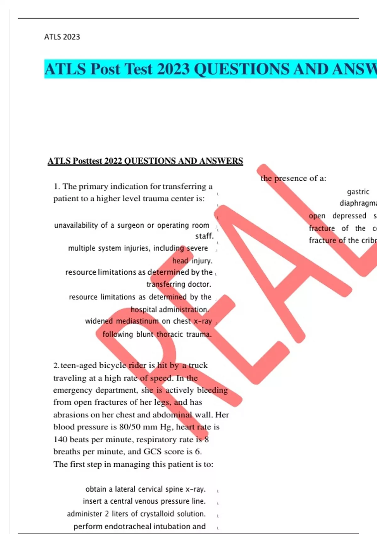 ATLS Post Test 2023 QUESTIONS AND ANSWERS Stuvia US ATLS Post Test 2023 QUESTIONS AND ANSWERS Stuvia US