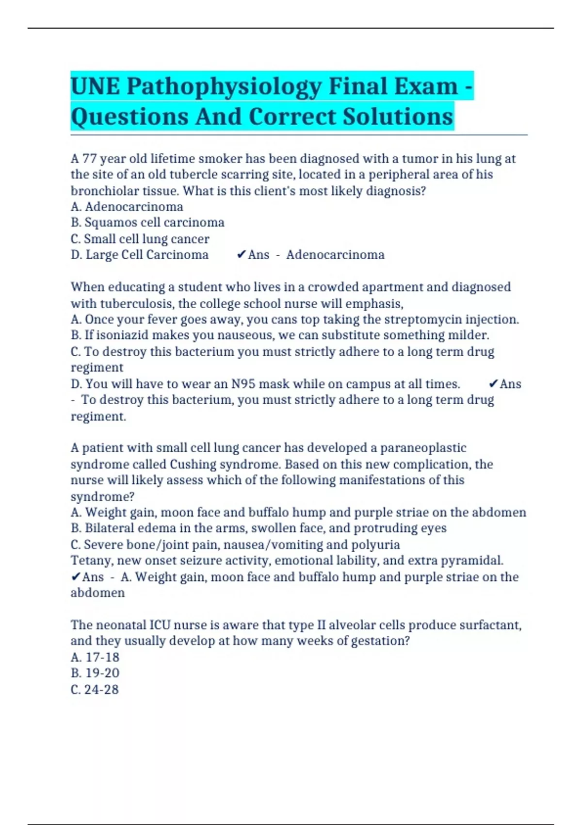 UNE Pathophysiology Final Exam - Questions And Correct Solutions - UNE ...