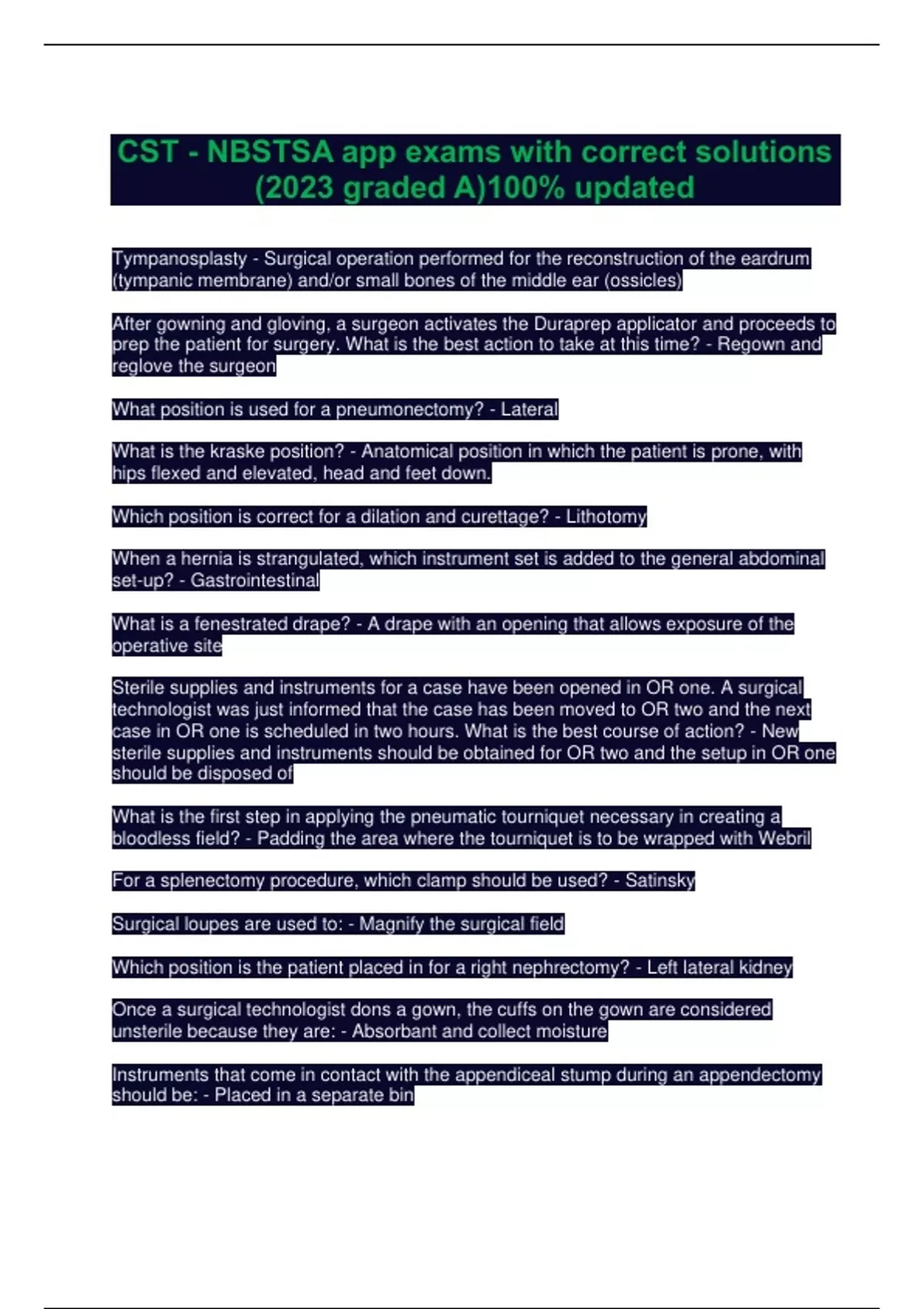 CST - NBSTSA app exams with correct solutions (2023 graded A)100% updated - CST - NBSTSA - Stuvia US