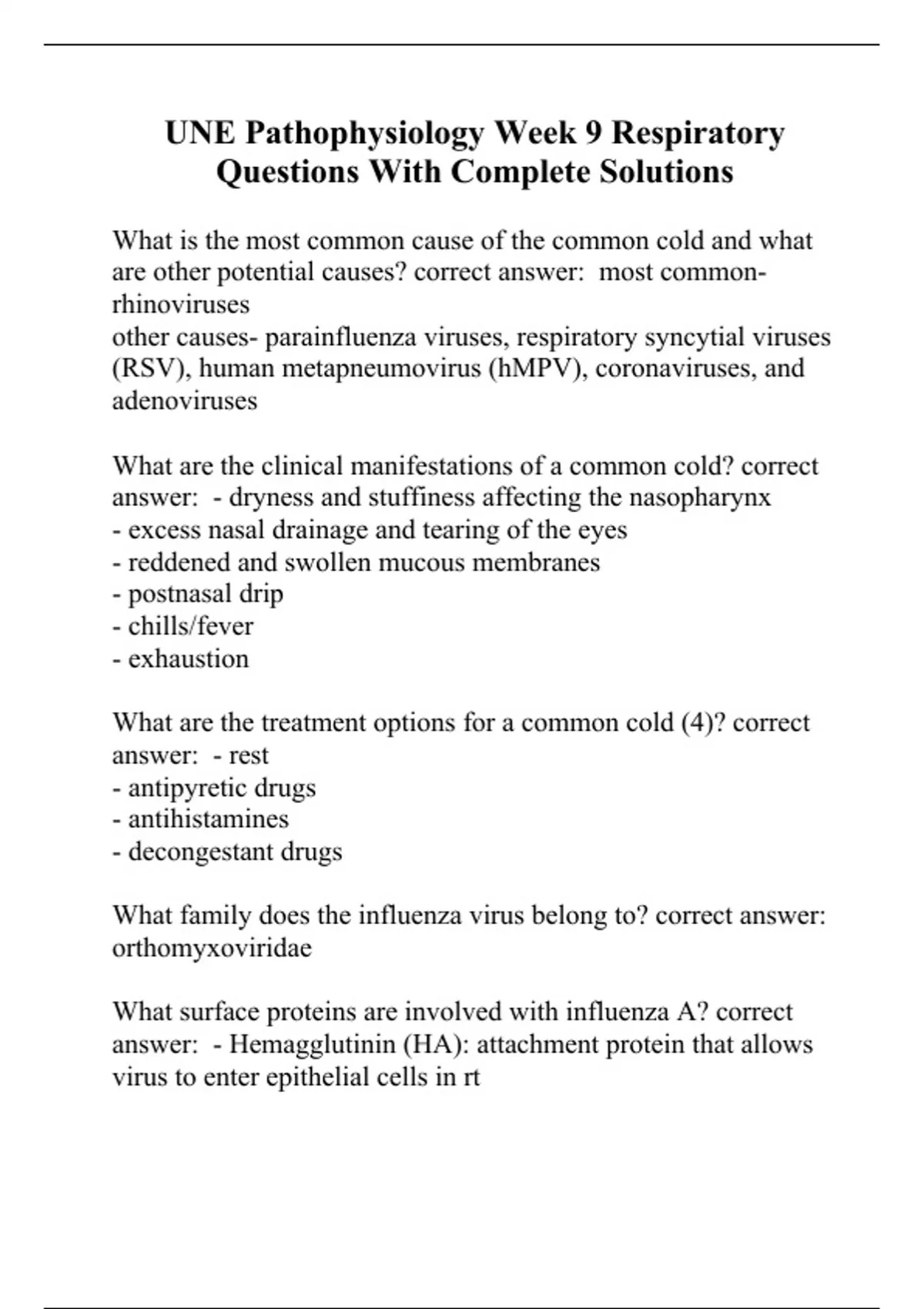 UNE Pathophysiology Week 9 Respiratory Questions With Complete ...