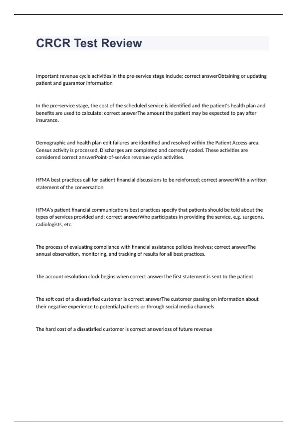 CRCR Test Review 2023 with 100% correct answers - CRCR s - Stuvia US