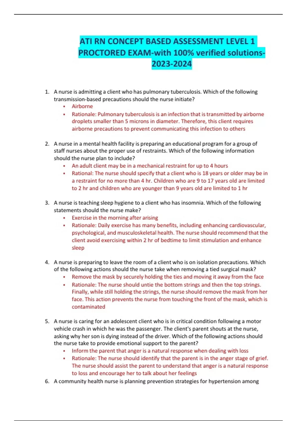 ATI RN CONCEPT BASED ASSESSMENT LEVEL 1 PROCTORED EXAM-with 100% ...
