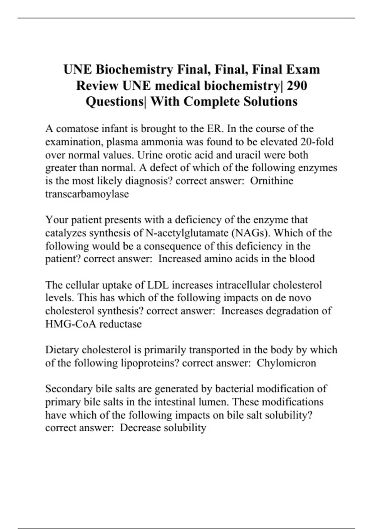 UNE Medical Biochemistry Tests Compilation Bundle - Stuvia US