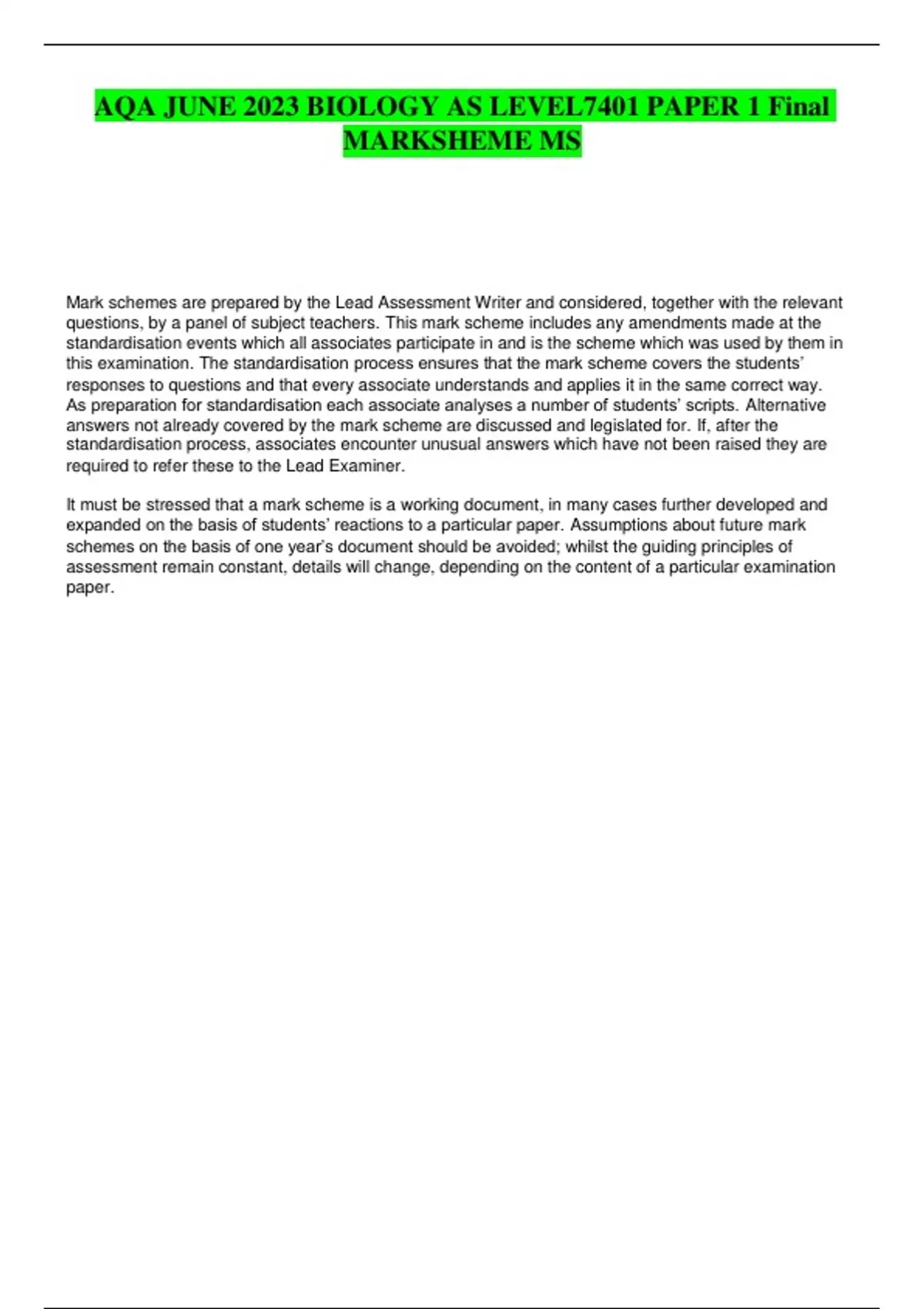 AQA JUNE 2023 BIOLOGY AS LEVEL 7401 PAPER 1 Final MARKSHEME MS - Aqa ...
