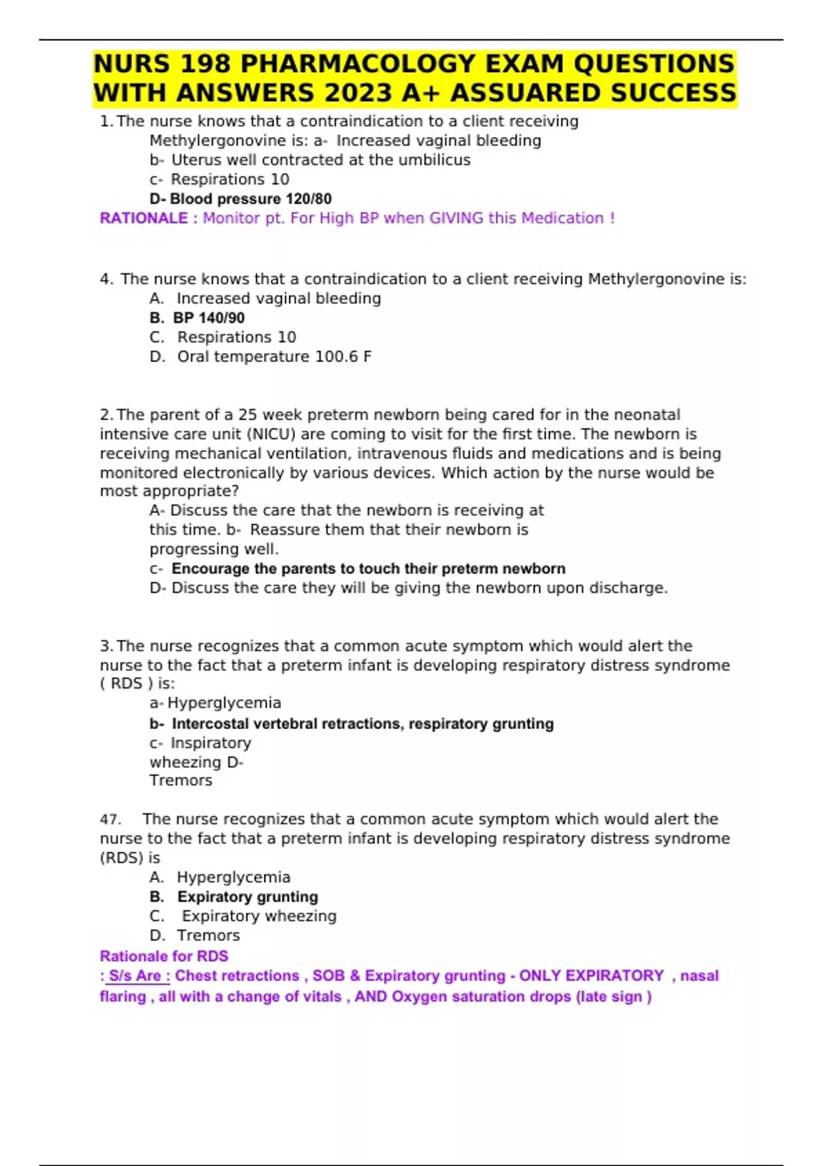NURS 198 PHARMACOLOGY EXAM QUESTIONS WITH ANSWERS 2023 A+ ASSUARED ...