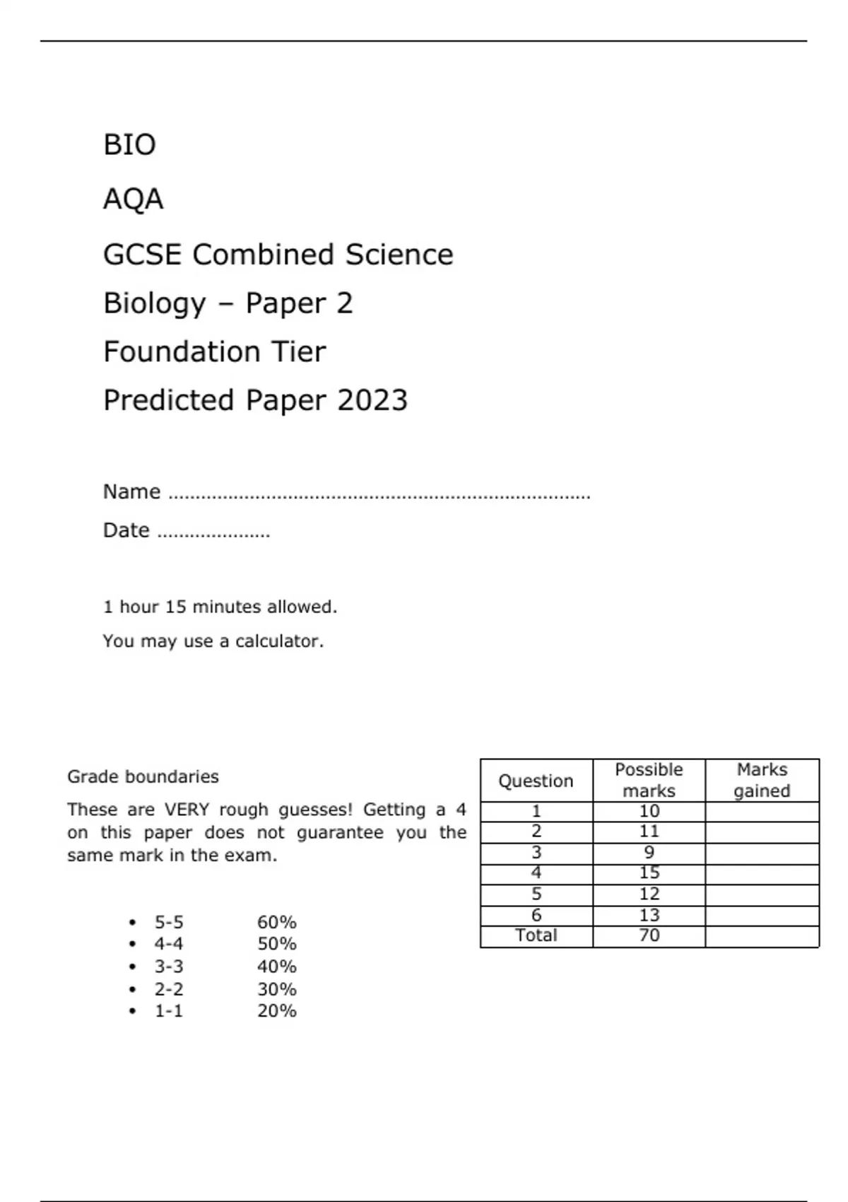AQA GCSE Combined Science Biology – Paper 2 FINAL QUESTION PAPER AND ...