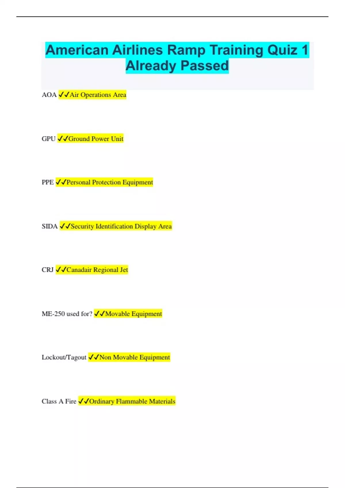 American Airlines Ramp Training Quiz 1 Already Passed - American ...