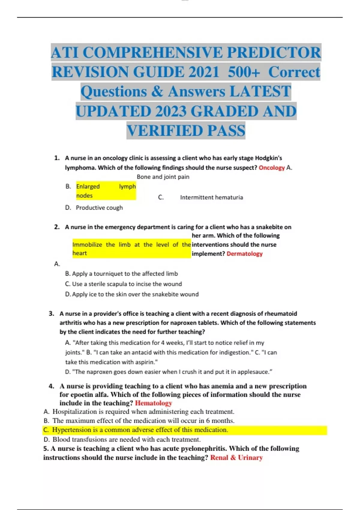 ATI COMPREHENSIVE PREDICTOR GUIDE 2021 500+ Correct Questions & Answers ...