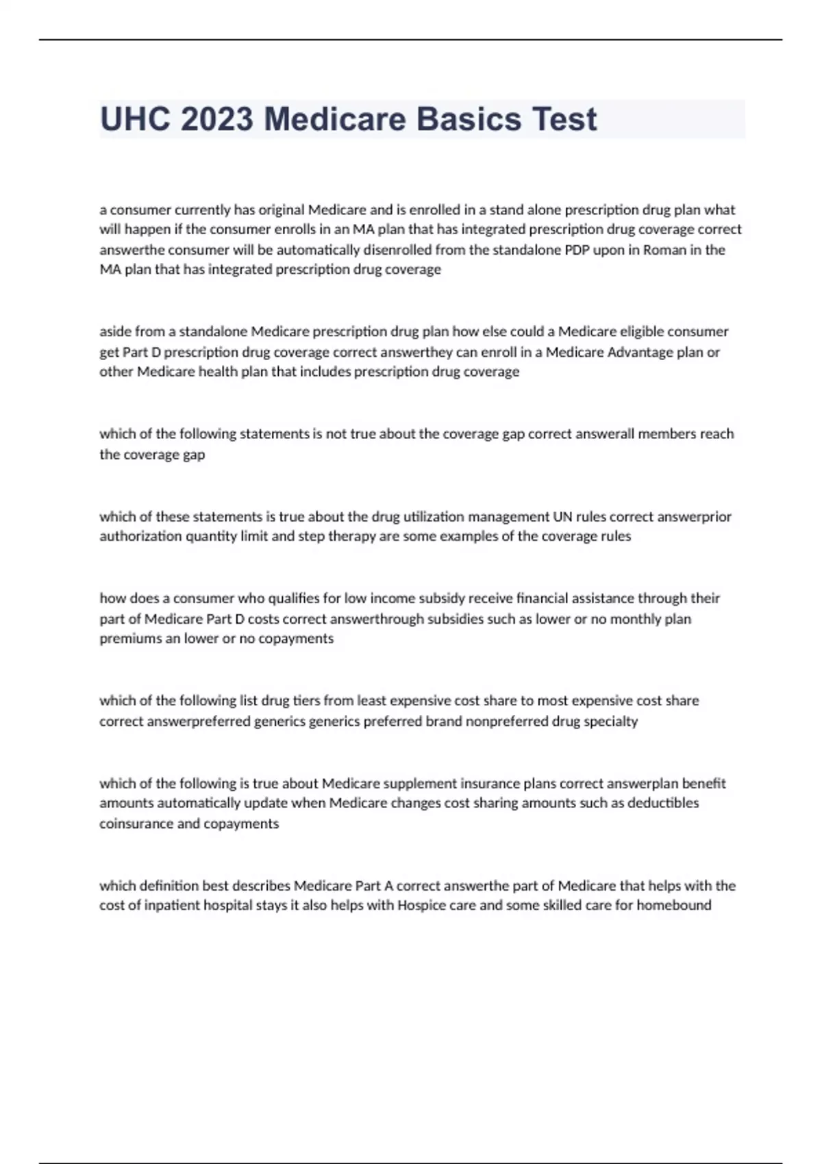 UHC 2023 Medicare Basics Test exam questions and answers - UHC 2023 ...