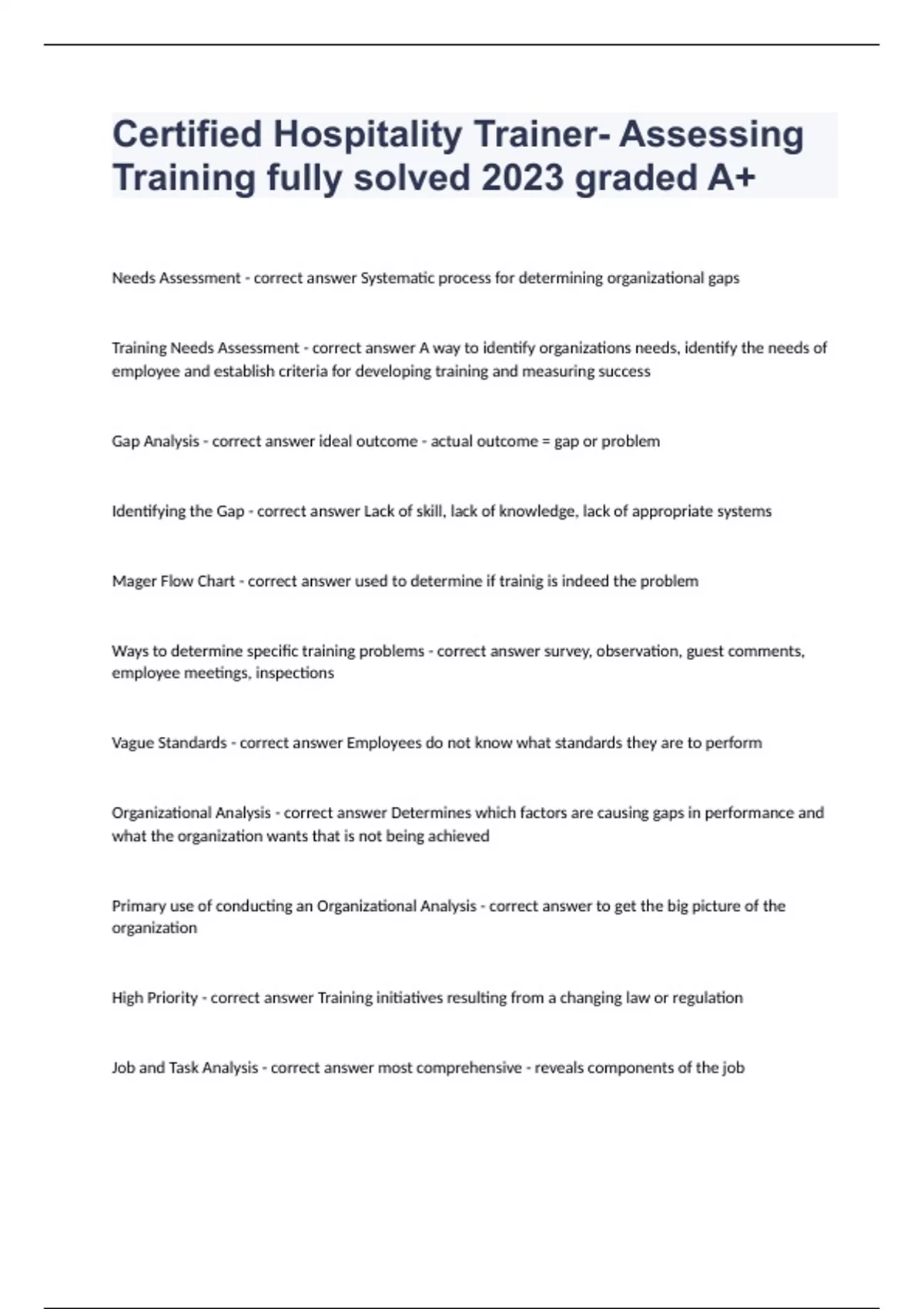 Certified Hospitality Trainer- Assessing Training fully solved 2023 ...