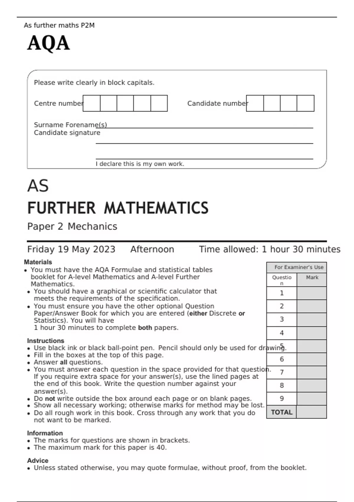 AQA AS FURTHER MATHEMATICS Paper 2M JUNE 2023 QUESTION PAPER AND MARK ...