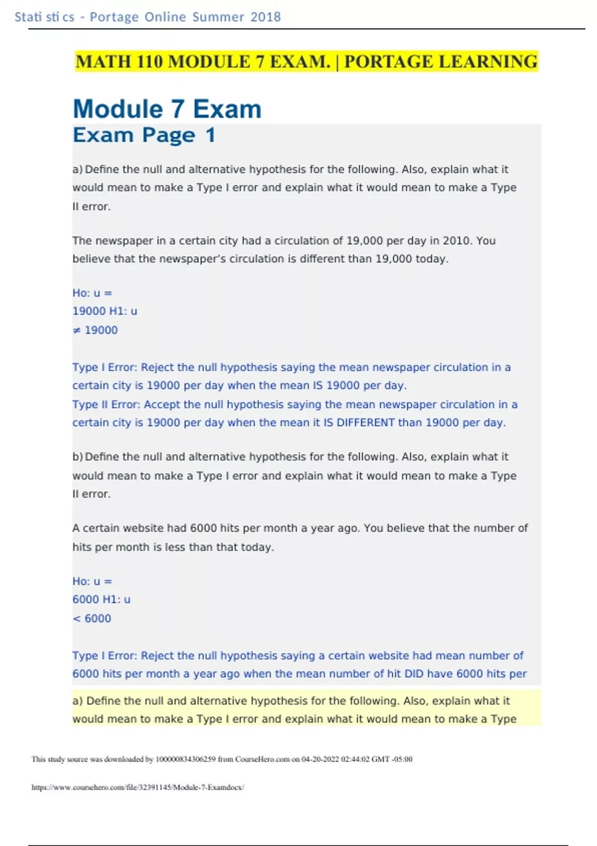 MATH 110 MODULE 7 EXAM. | PORTAGE LEARNING - MATH 110 - Stuvia US