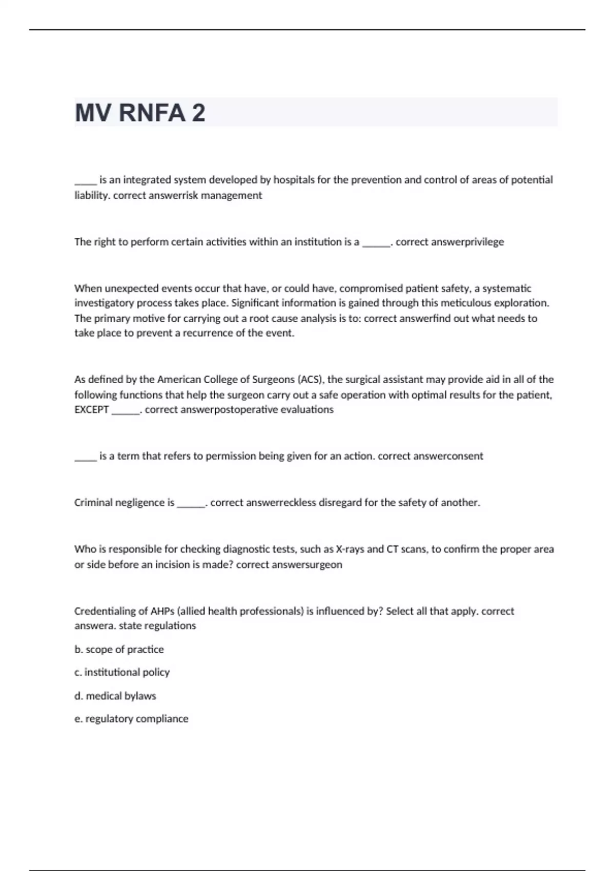 MV RNFA 2 EXAM 2023 WITH 100% CORRECT ANSWERS - MV RNFA 2 - Stuvia US