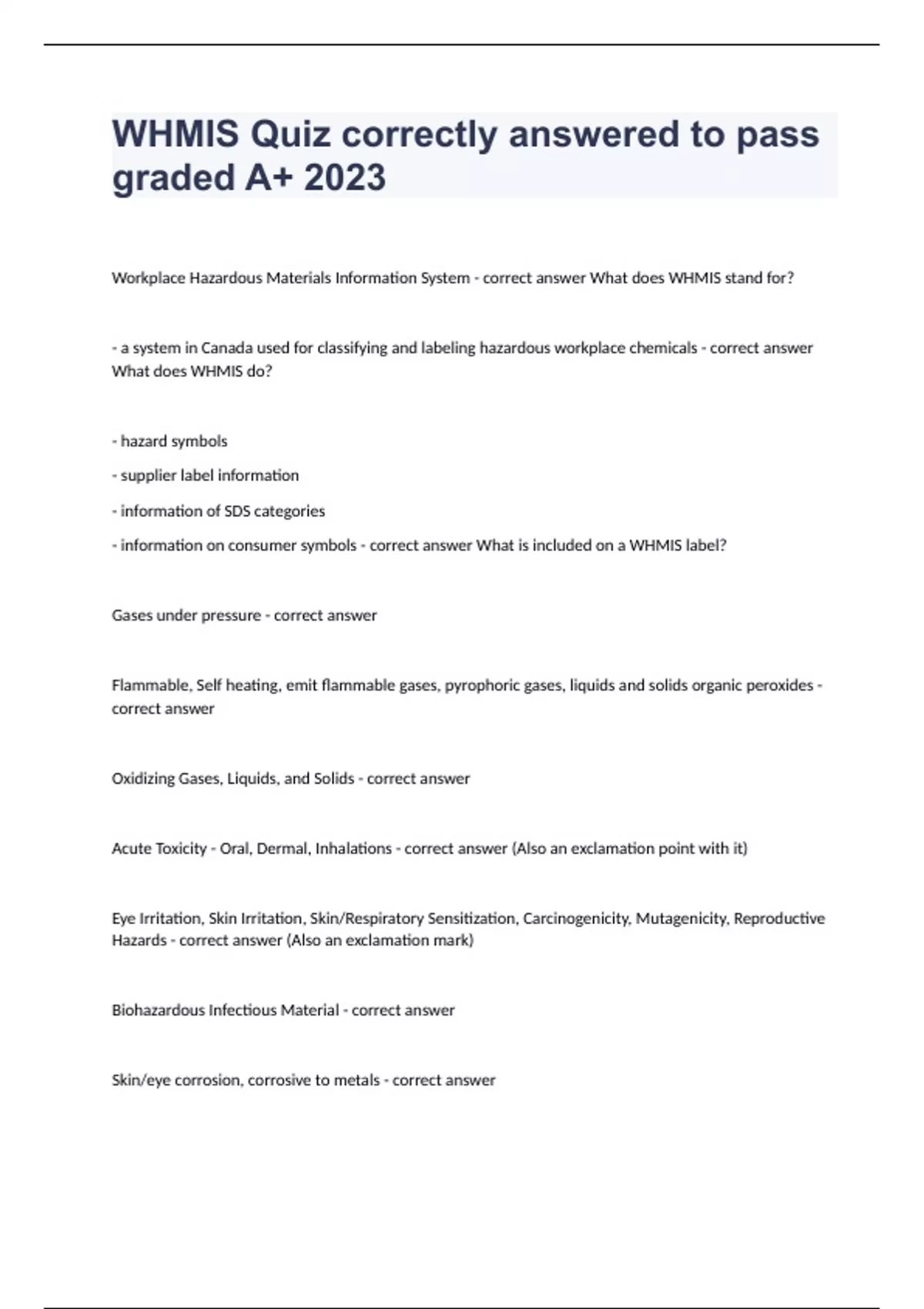 WHMIS Quiz correctly answered to pass graded A+ 2023 - WHMIS - Stuvia US