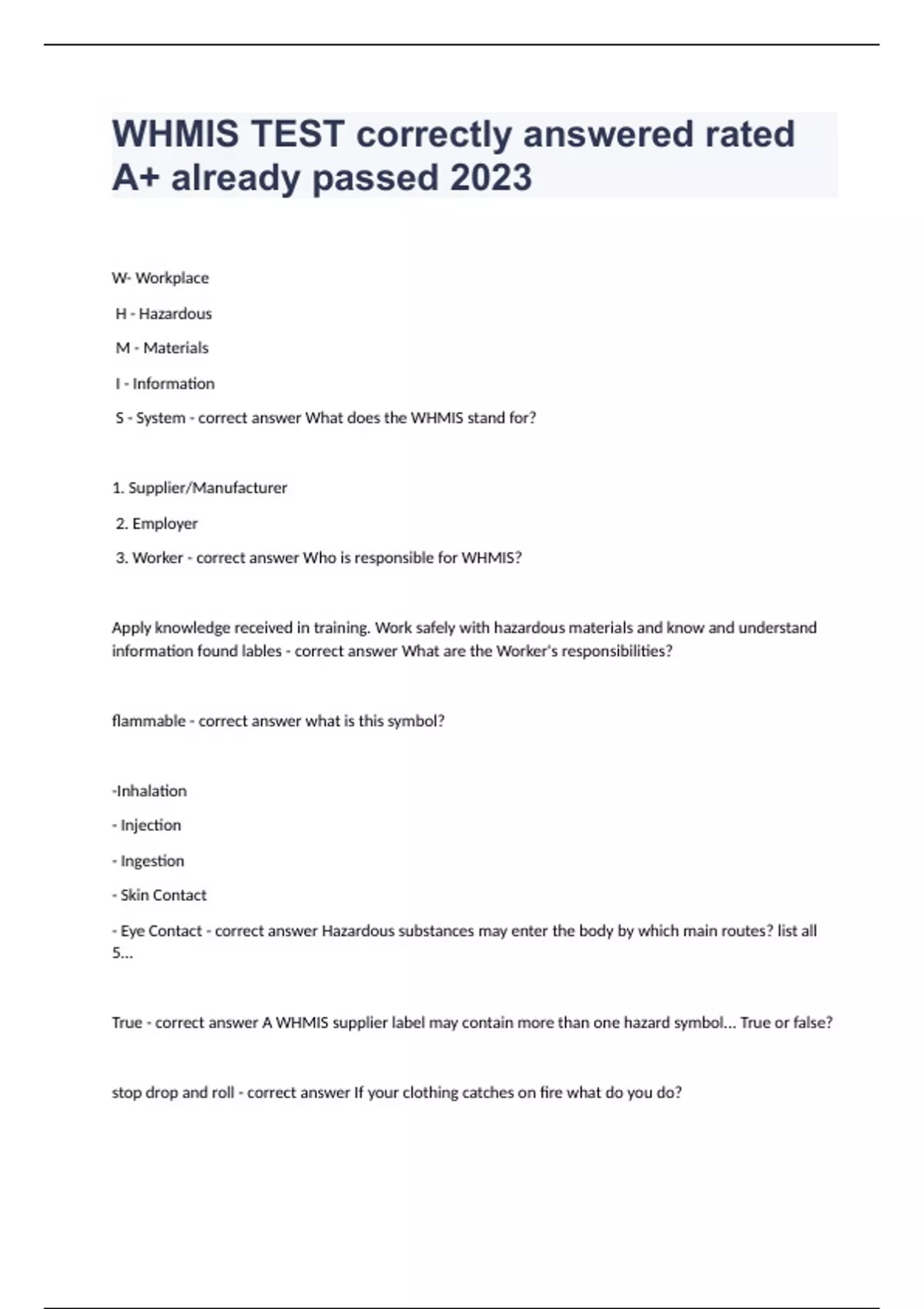 WHMIS TEST correctly answered rated A+ already passed 2023 - WHMIS ...