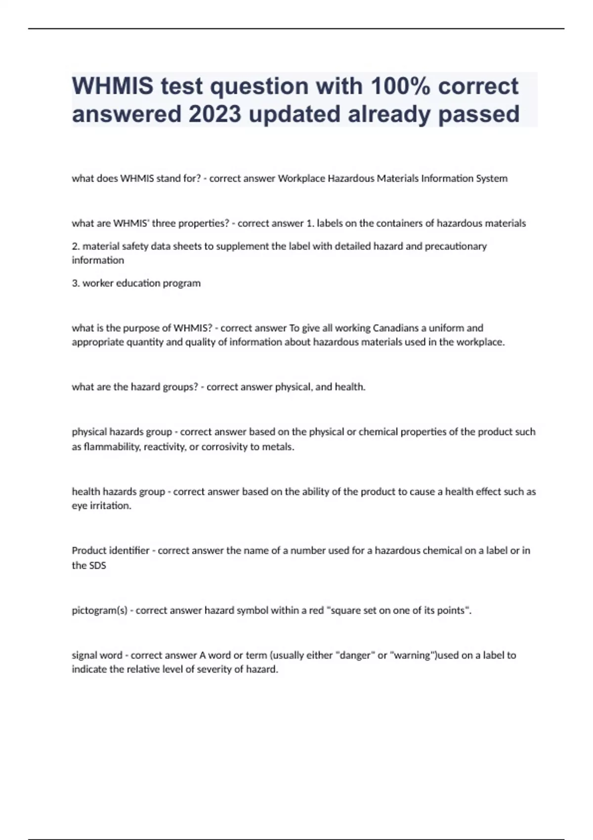 WHMIS test question with 100% correct answered 2023 updated already ...