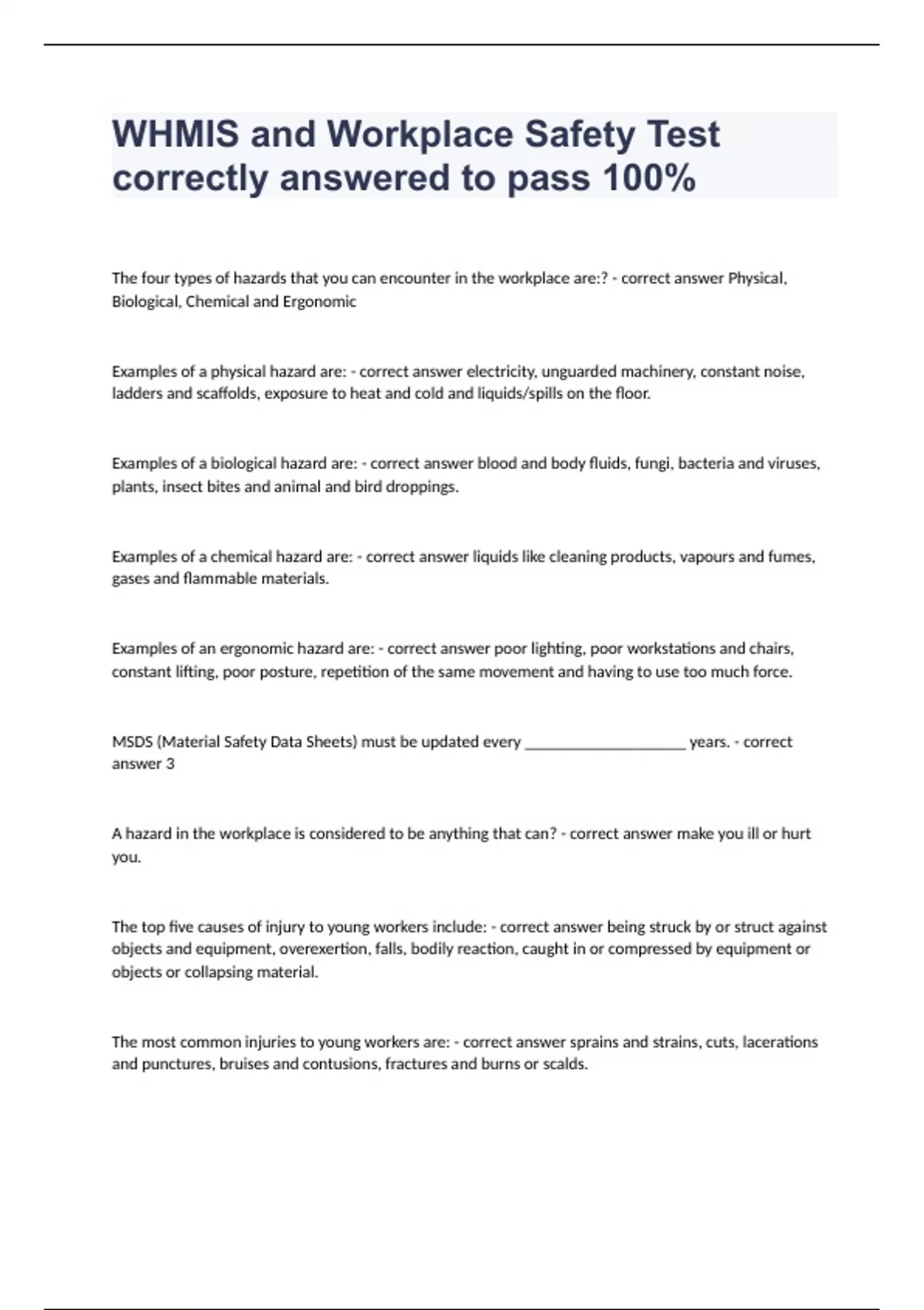 WHMIS and Workplace Safety Test correctly answered to pass 100% - WHMIS ...