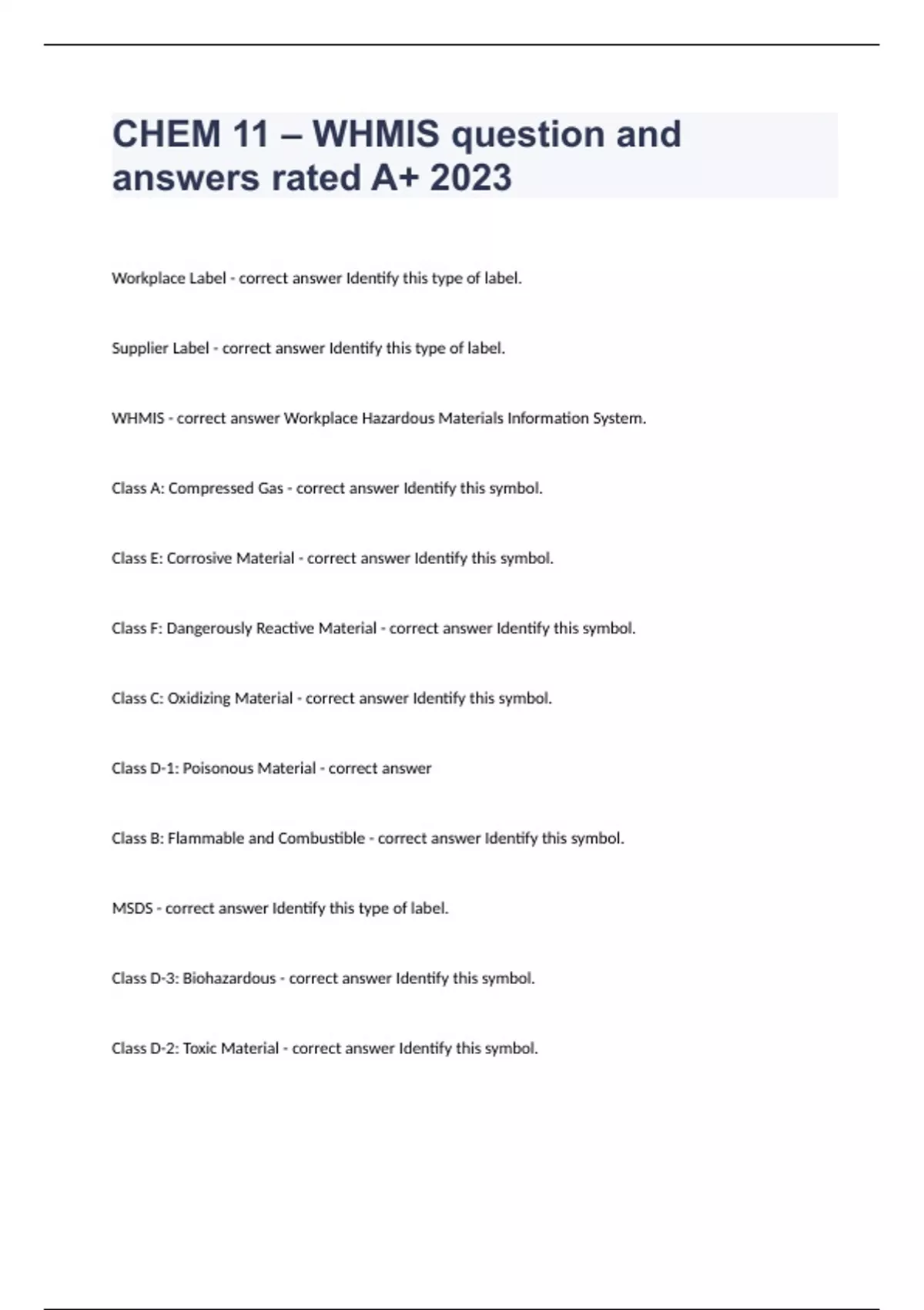 CHEM 11 – WHMIS question and answers rated A+ 2023 - WHMIS - Stuvia US