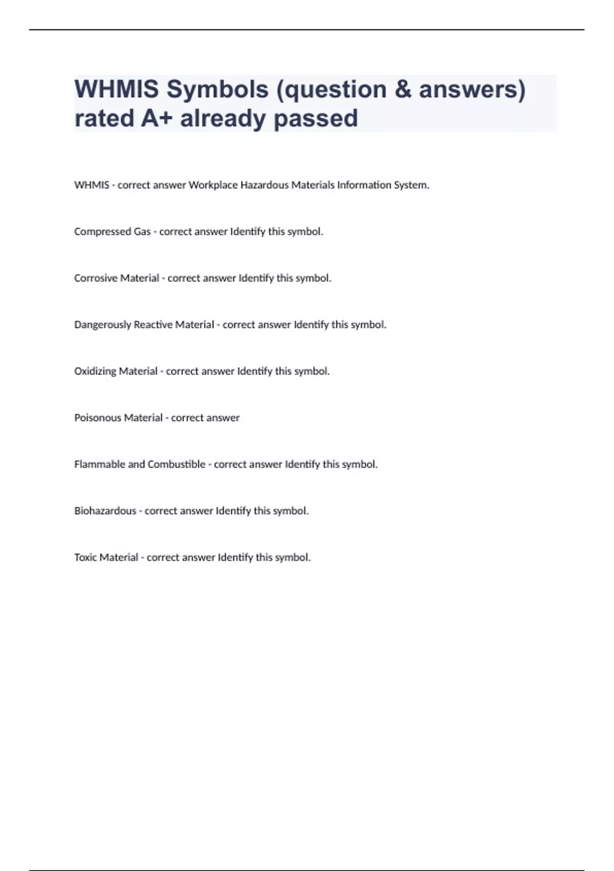 WHMIS Symbols (question & answers) rated A+ already passed - WHMIS ...