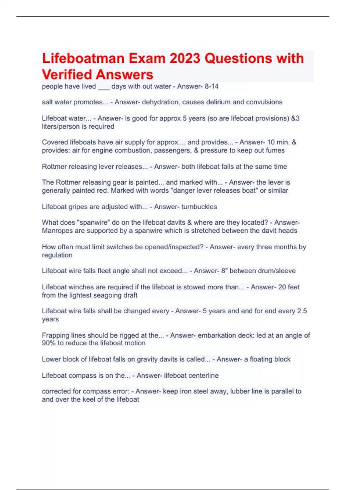 Lifeboatman Exam 2023 Questions with Verified Answers - Lifeboatman ...