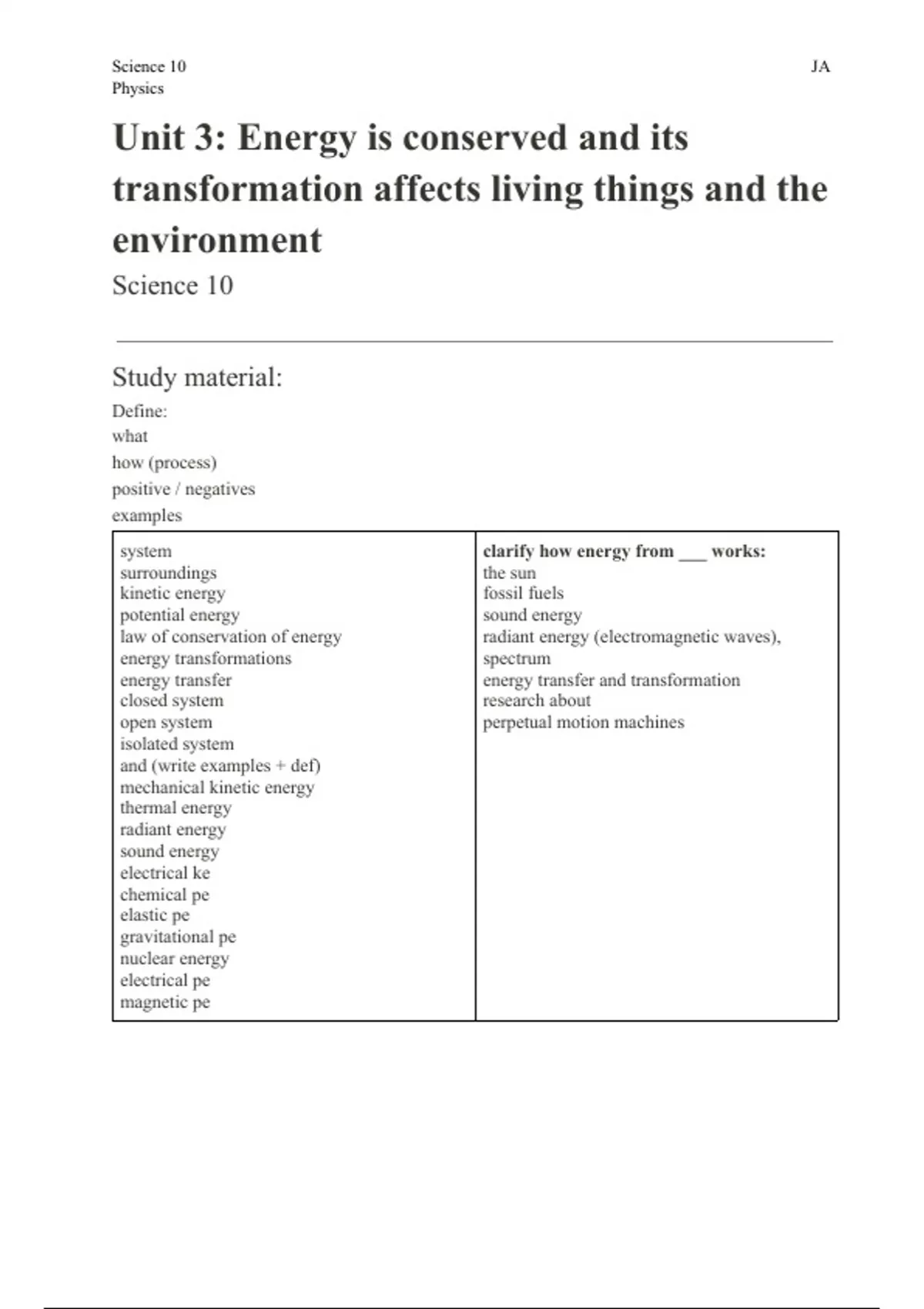 Unit 3: Energy is conserved and its transformation affects living things and the environment ...