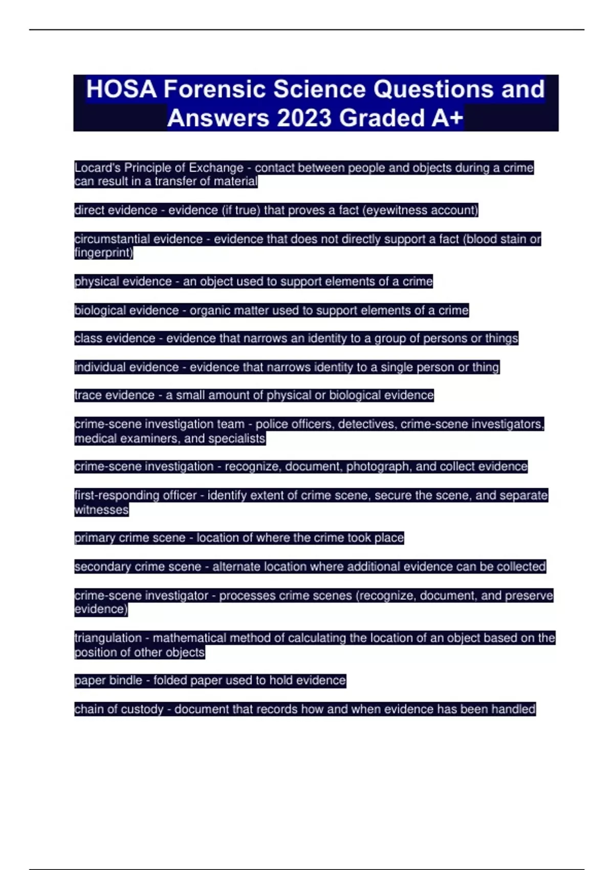 HOSA Forensic Science Questions and Answers 2023 Graded A+ - HOSA Forensic Science - Stuvia US