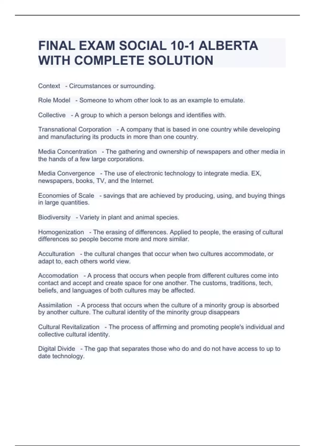 FINAL EXAM SOCIAL 10-1 ALBERTA WITH COMPLETE SOLUTION - Alberta - Stuvia US