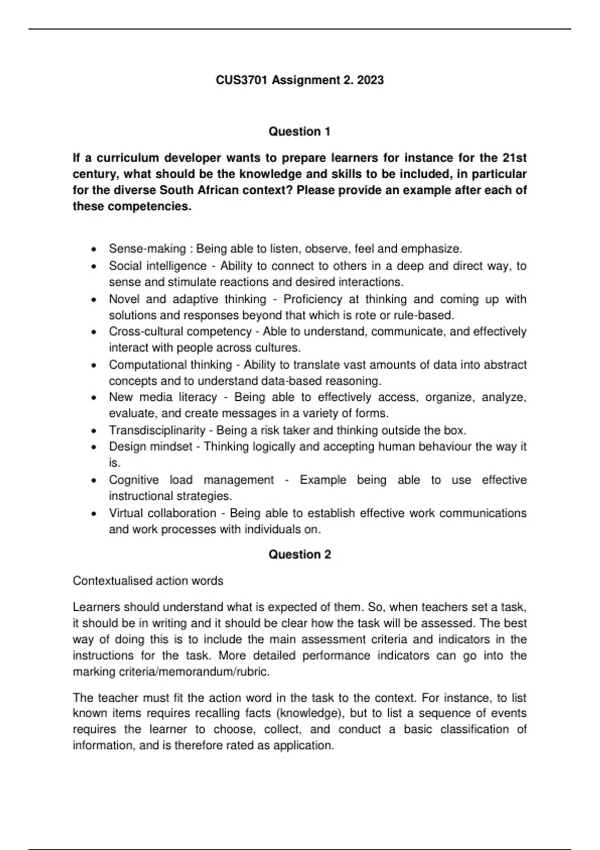 CUS3701 Assignment 2. 2023 - CUS3701 - Curriculum Studies (CUS3701) - Stuvia SA