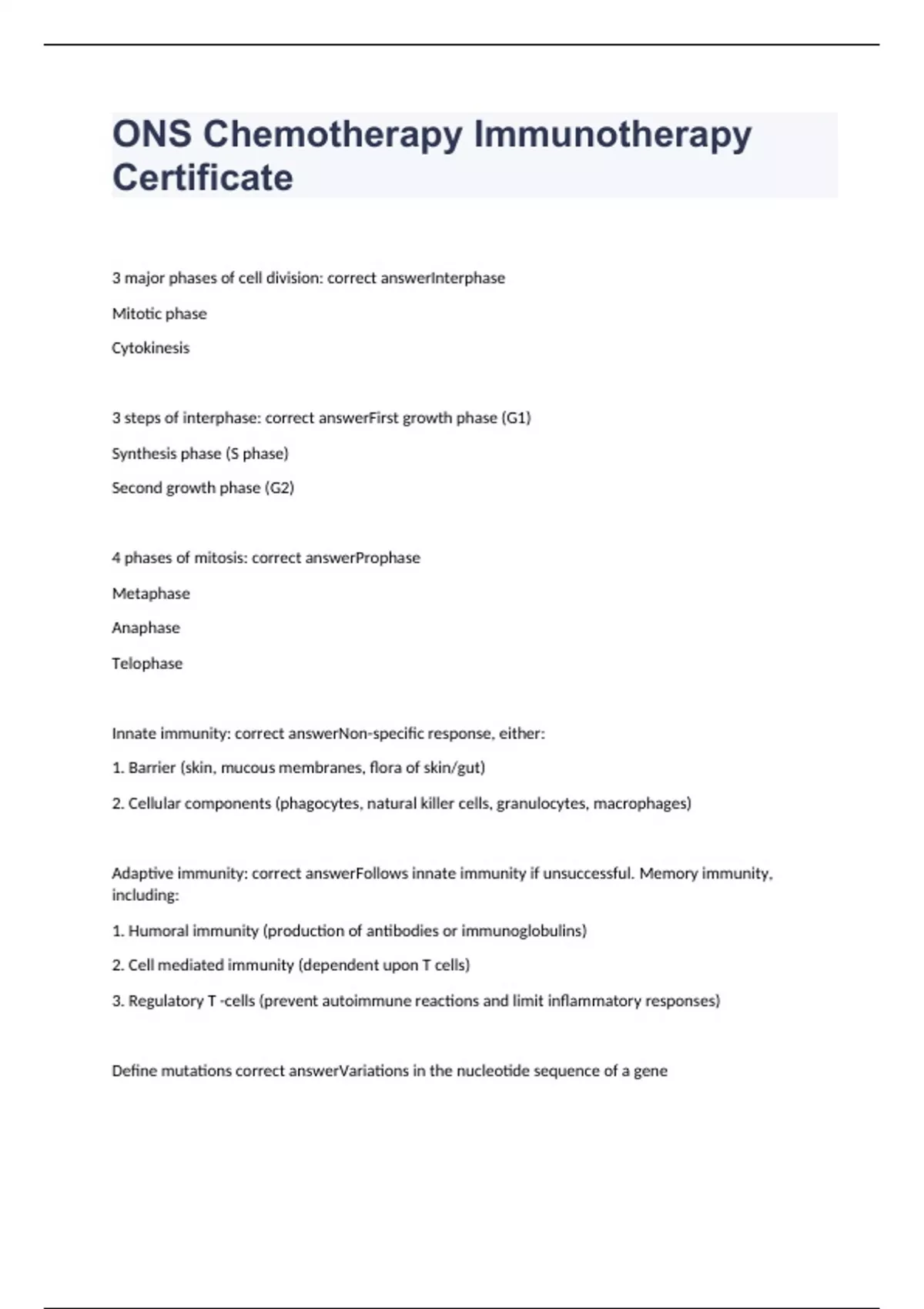 ONS Chemotherapy Immunotherapy Certificate exam 2023 with 100% correct ...