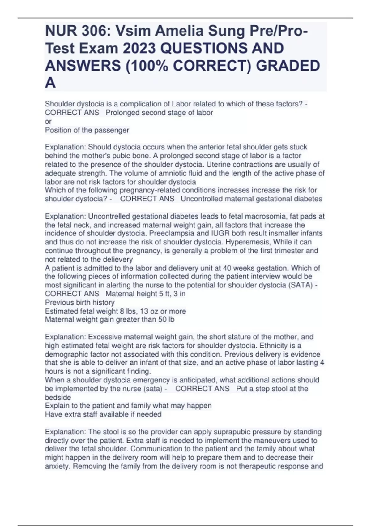 NUR 306: Vsim Amelia Sung Pre/Pro-Test Exam 2023 QUESTIONS AND ANSWERS ...