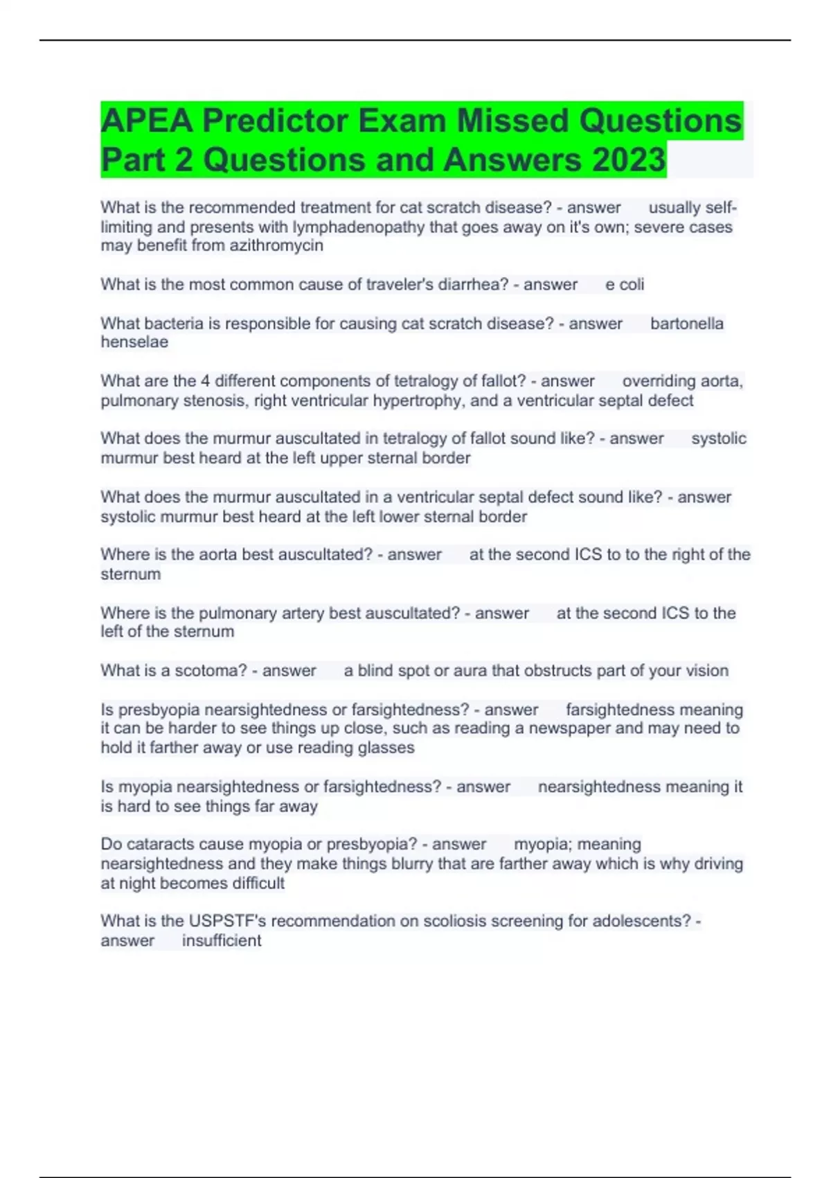 APEA Predictor Exam Missed Questions Part 2 Questions and Answers 2023 - Apea - Stuvia US